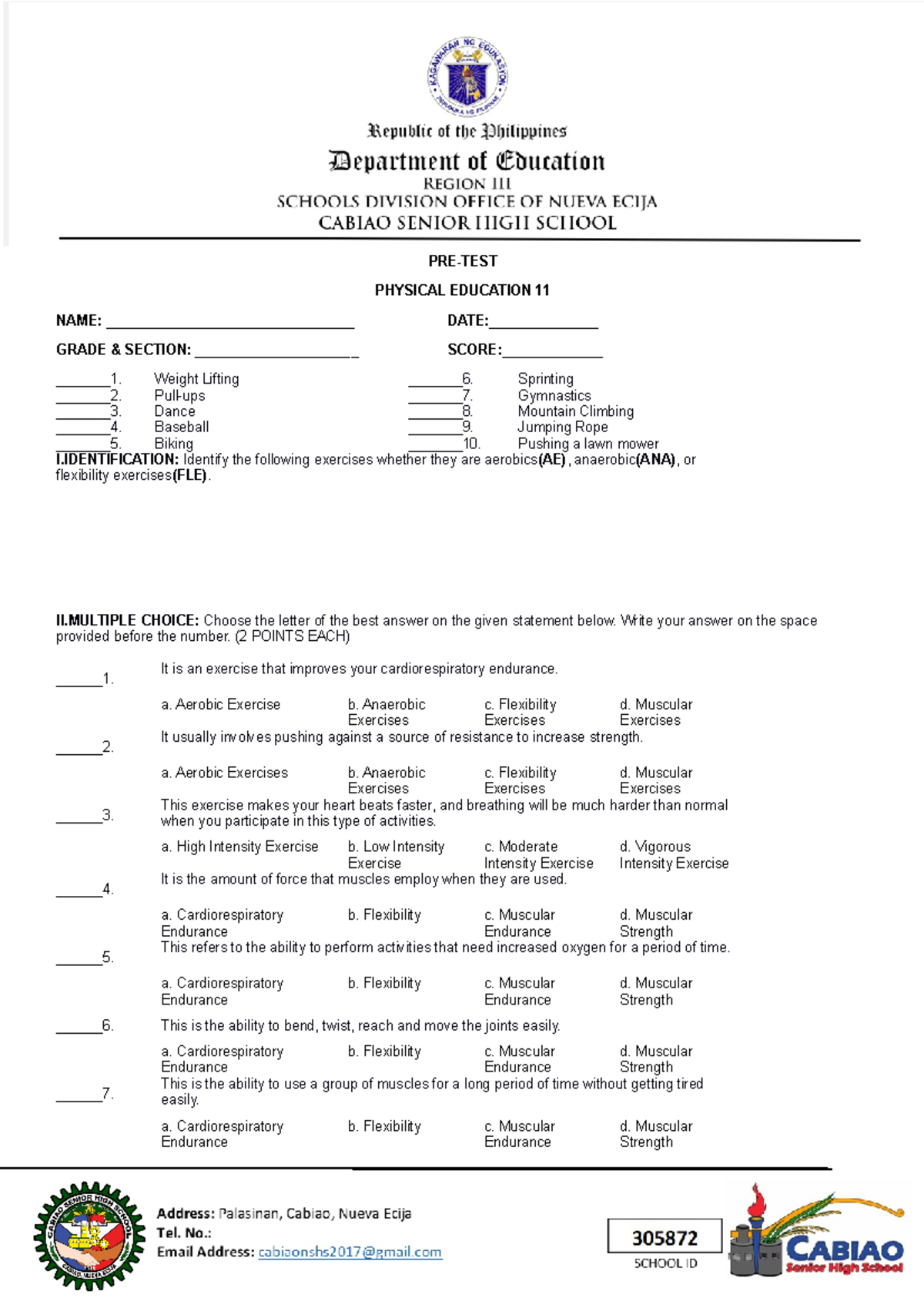 PRE-TEST: First Semester Physical Education 11 Evaluation Guide - Studocu