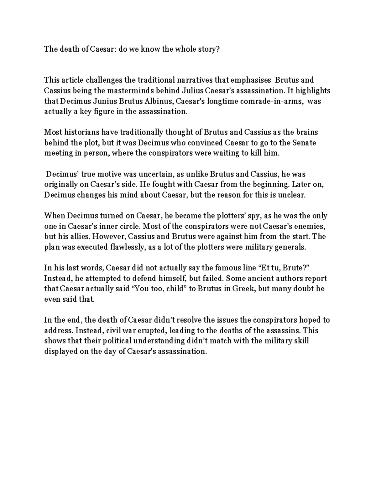 Death of Julius Caesar: A New Perspective on the Assassination - Studocu