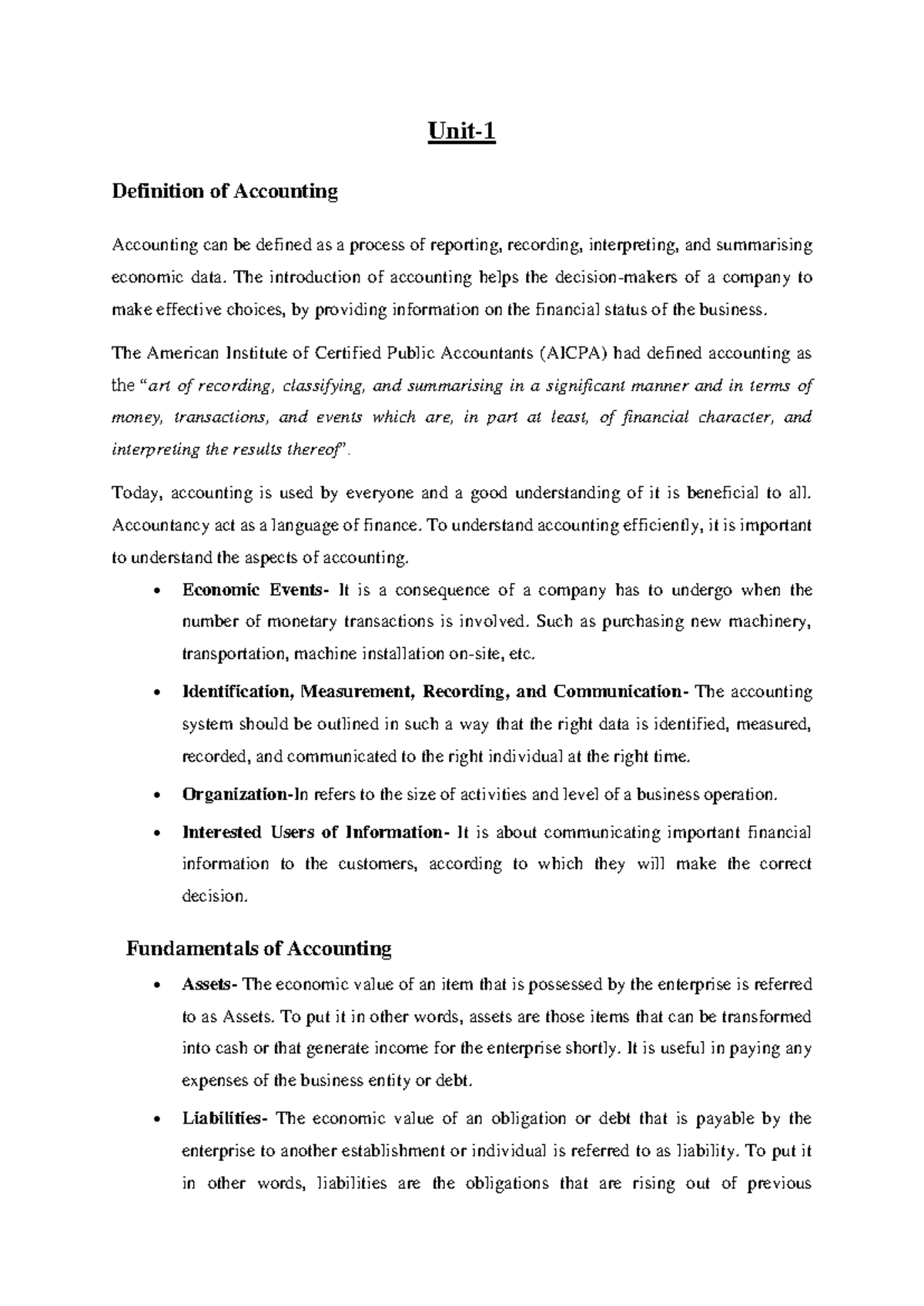 Unit-1 Introduction to Accounting - Unit- 1 Definition of Accounting ...
