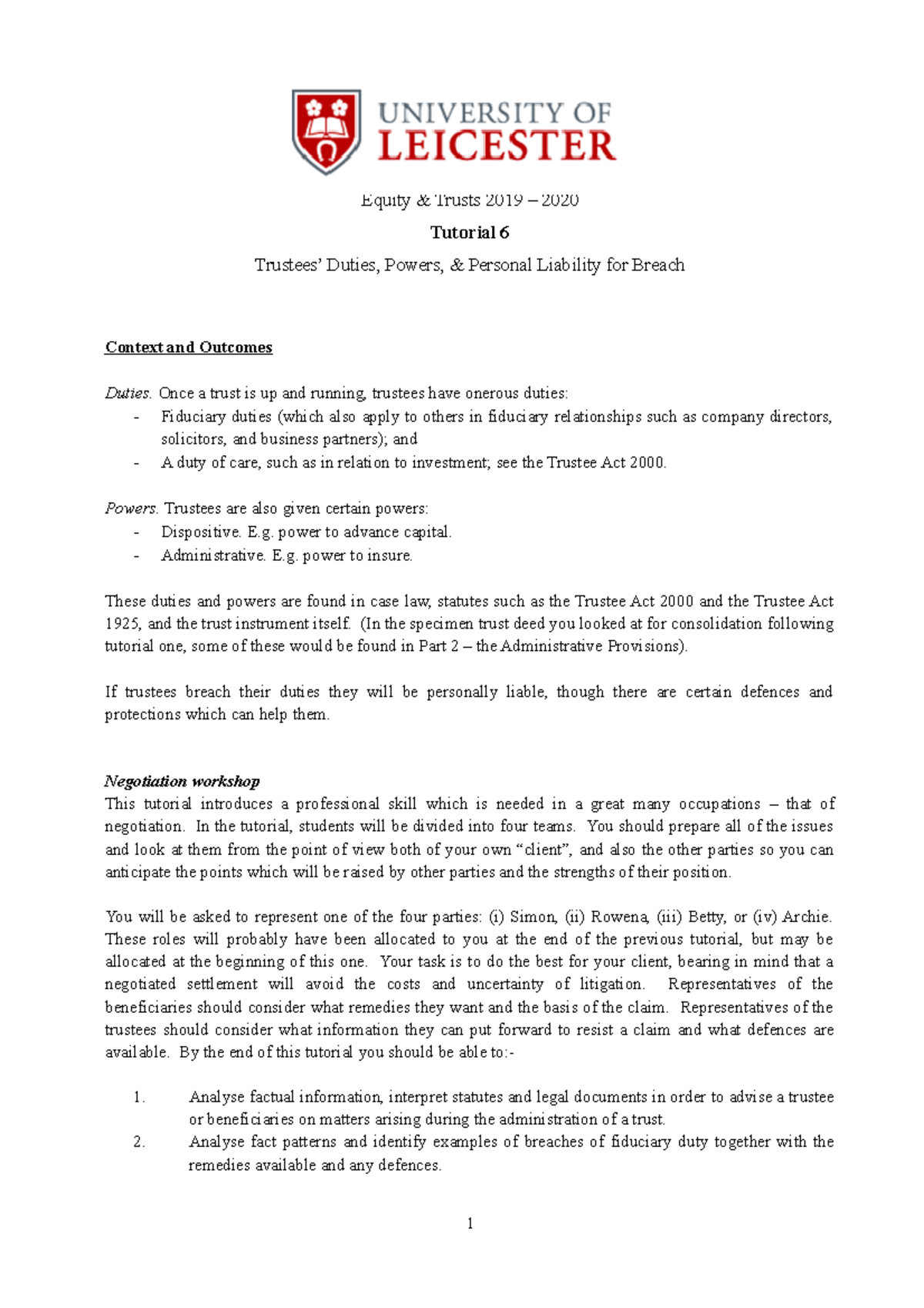 Tutorial 6 - equity - Equity & Trusts 2019 – 2020 Tutorial 6 Trustees ...
