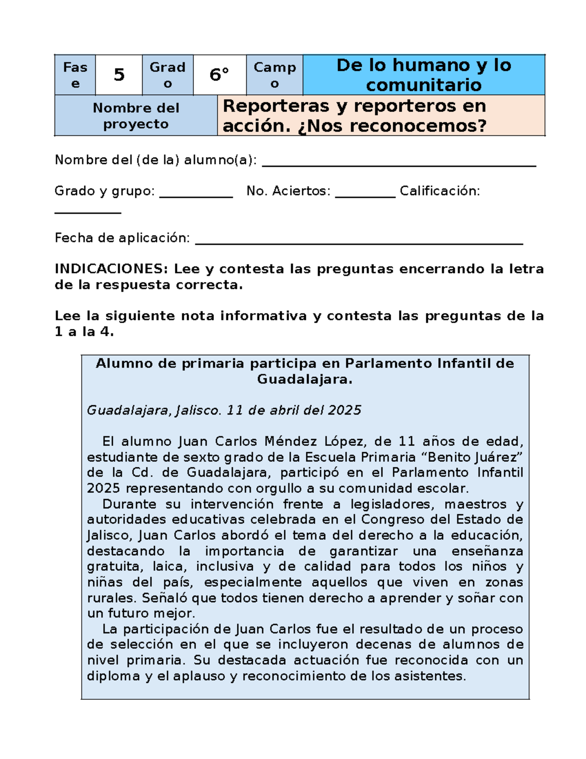 6to Grado - Examen 05: Reporteras y Reporteros en Acción (2024-2025 ...