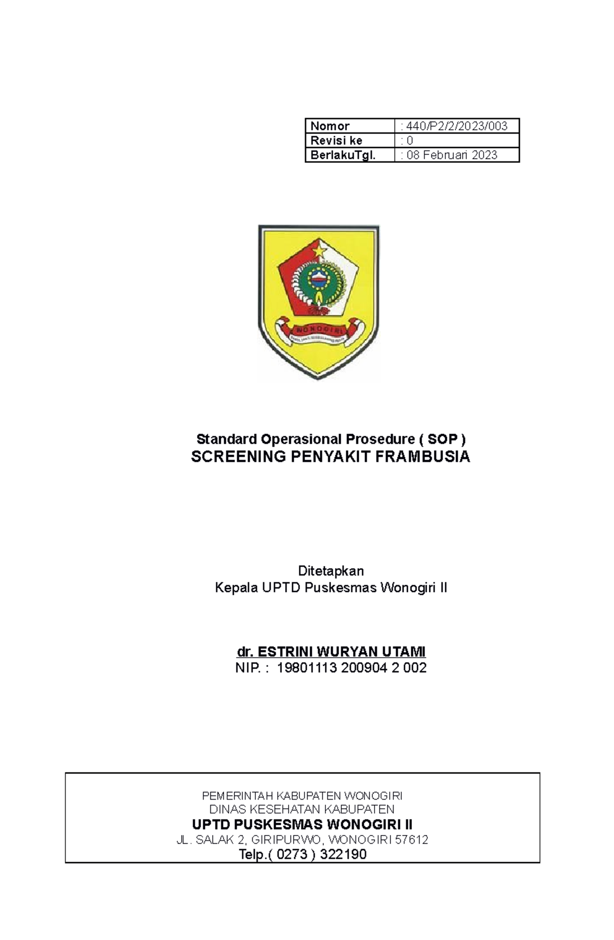 SOP Screening Penyakit Frambusia - 440/P2/2/2023/ - Studocu