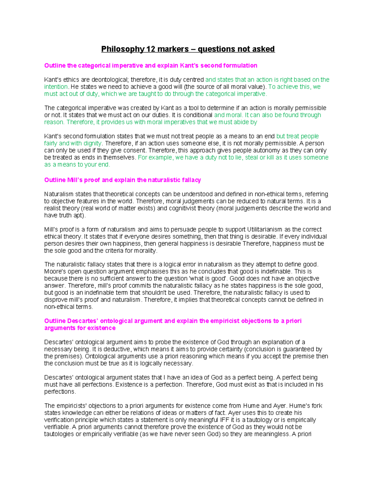 Philosophy 12 Markers - Kant, Mill, Descartes & Hume's Arguments ...