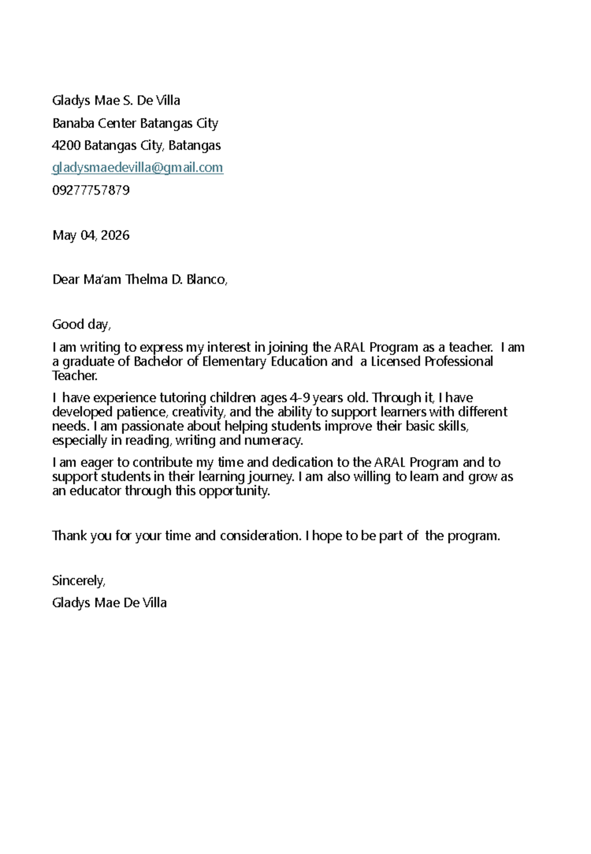 Letter of Intent for ARAL Program Application - Studocu
