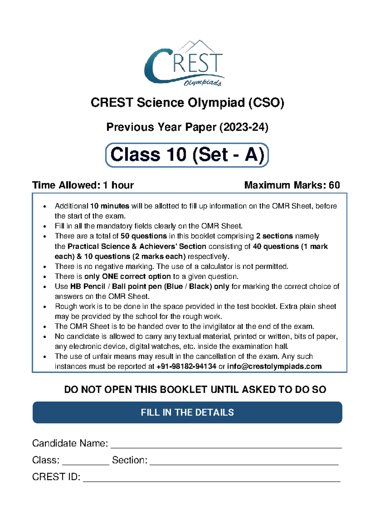 CSO Class 10 Science Olympiad Previous Year Paper (Set A) - Studocu