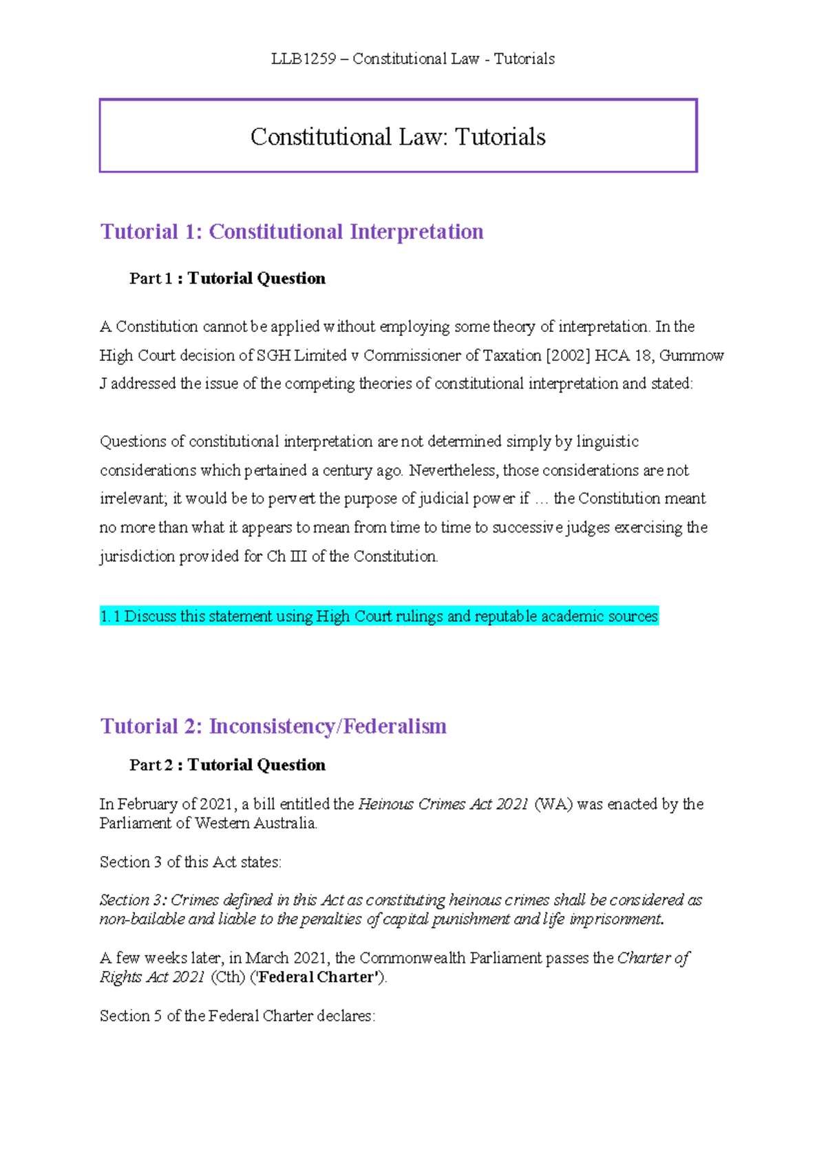 LLB1259 Constitutional Law: Comprehensive Tutorial Series - Studocu