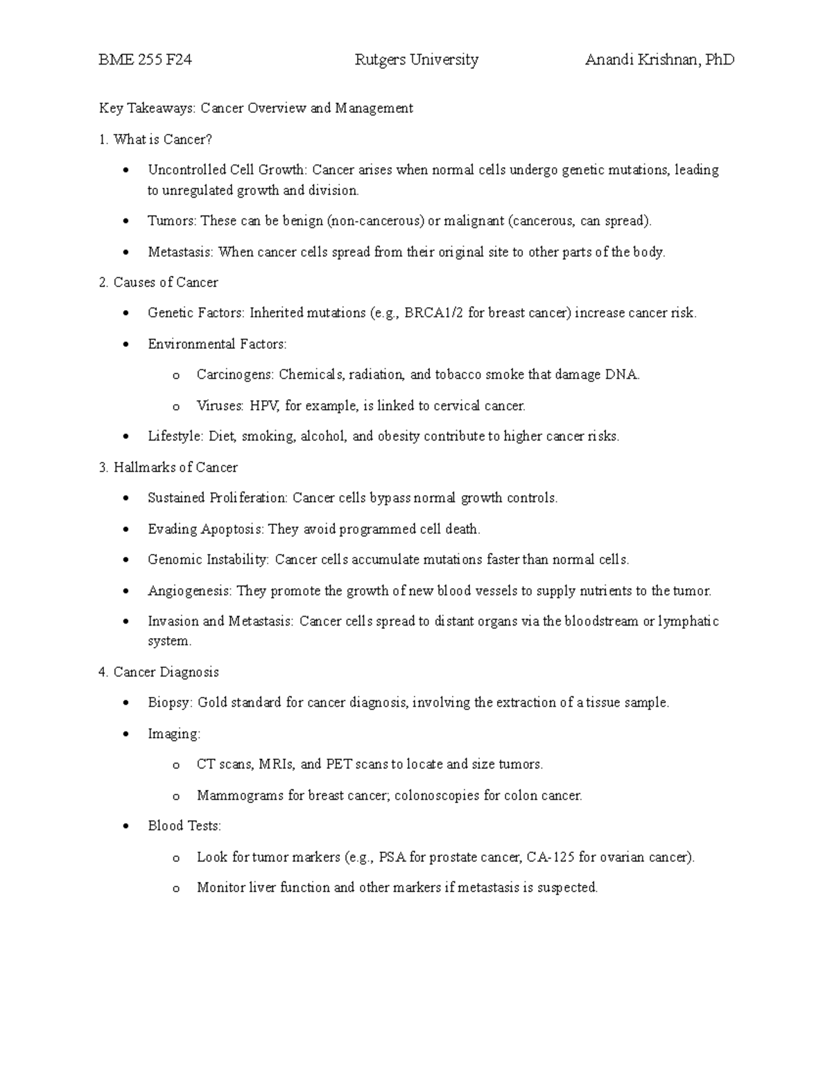 Key Takeaways on Cancer Overview and Management - BME 255 F24 - Studocu