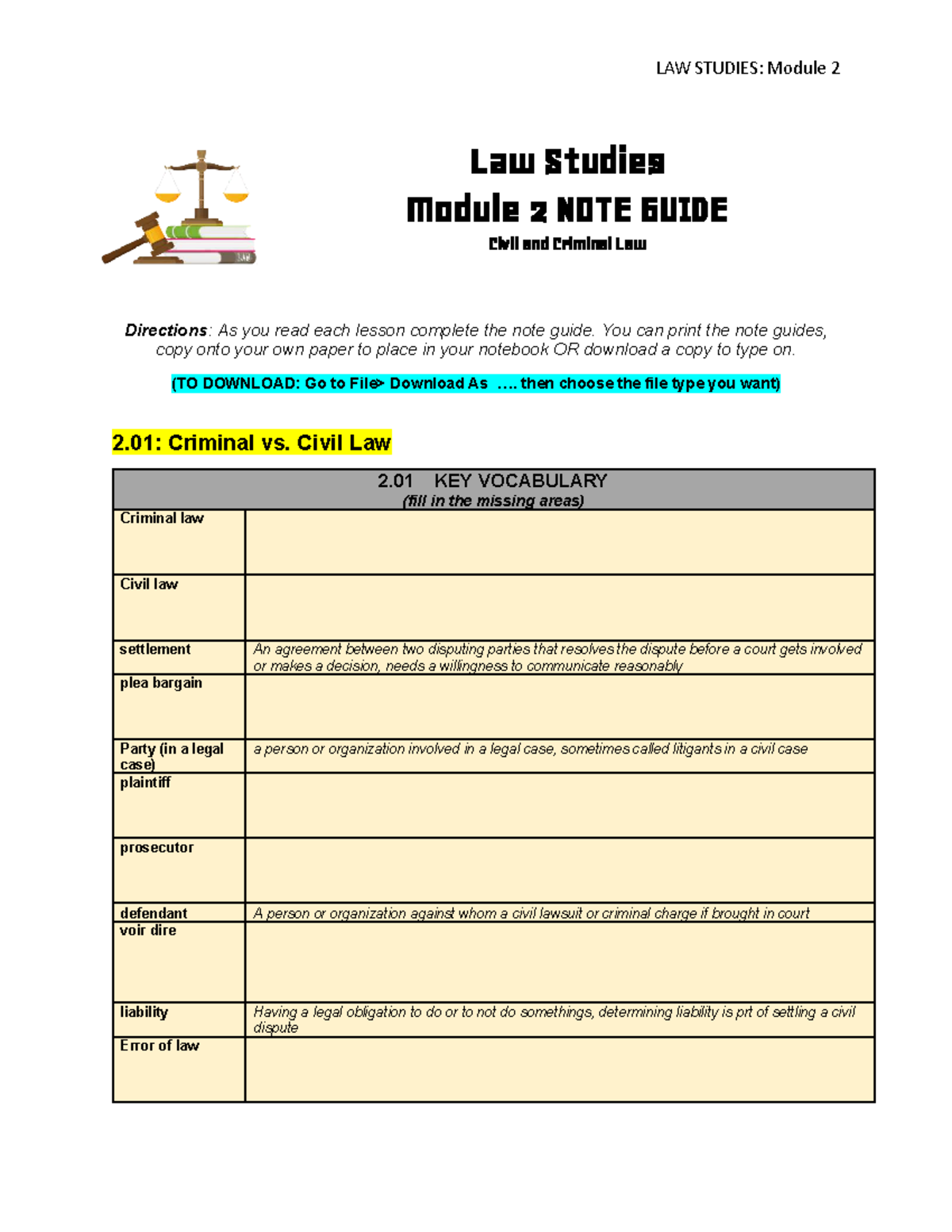 Law Studies Module 2: Comprehensive Note Guide on Civil & Criminal Law ...