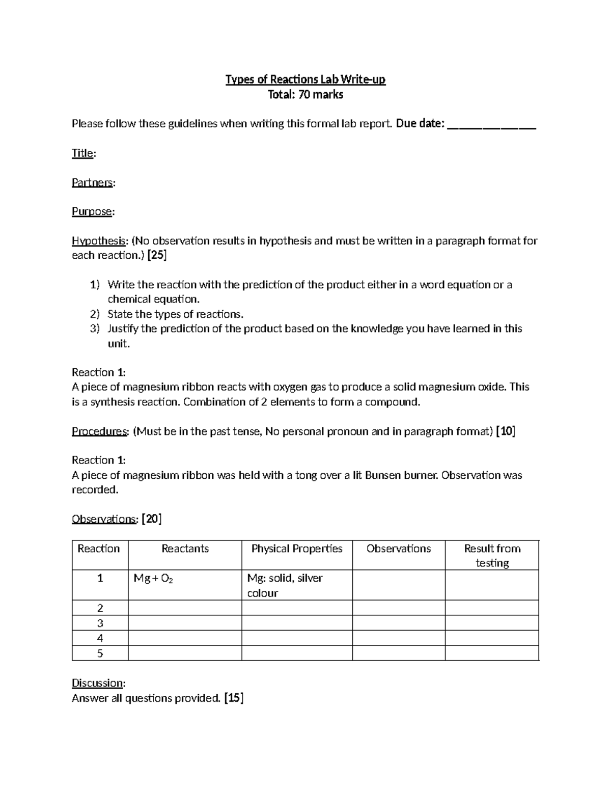 Types of Reactions Lab Report (Total: 70 Marks) - Studocu
