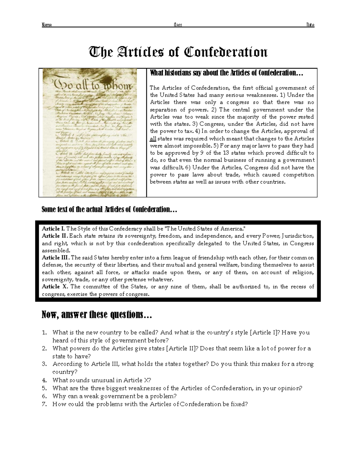 Articles Of Confederation Weaknesses Answer Key