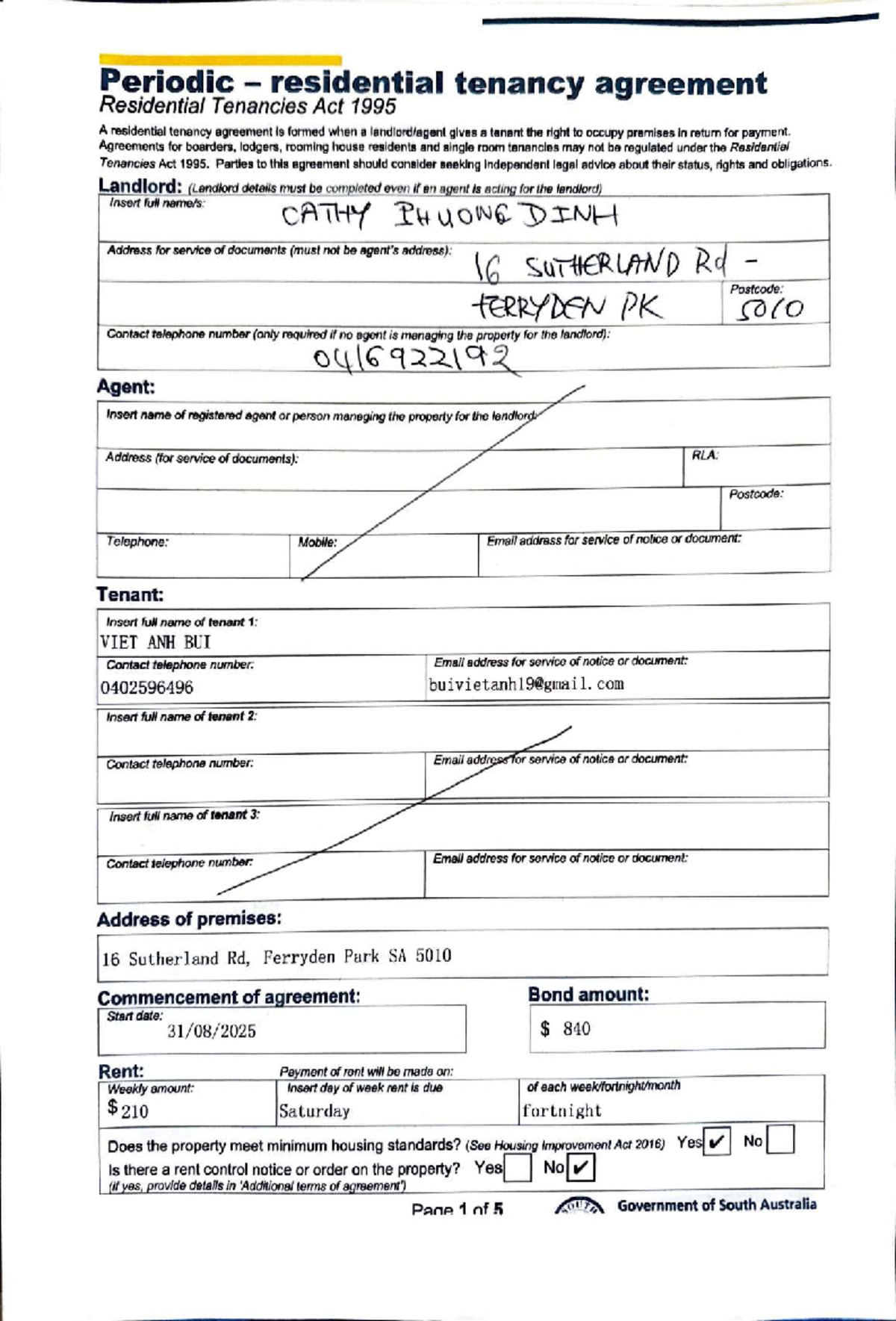 Residential Tenancy Agreement - Residential Tenancies Act 1995 - Studocu