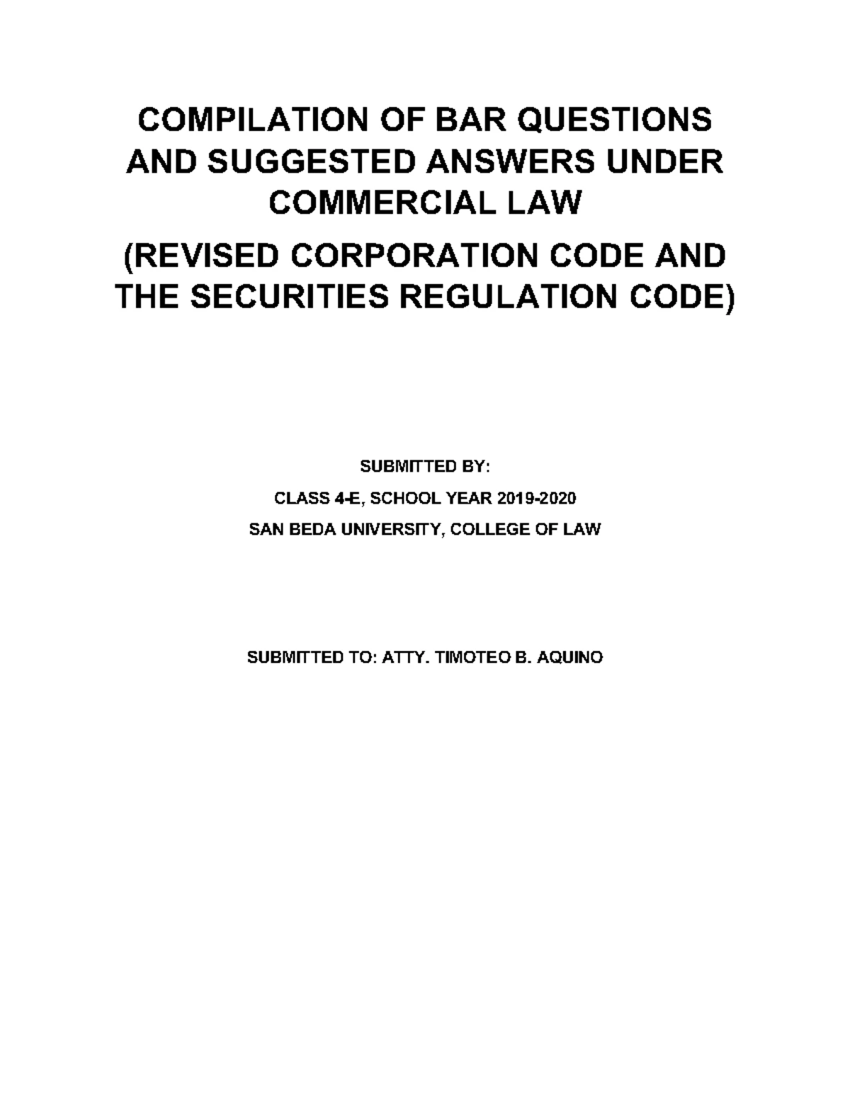 1992-2022 Commercial LAW BAR Q and A Compiled by Avejul Gamao ...