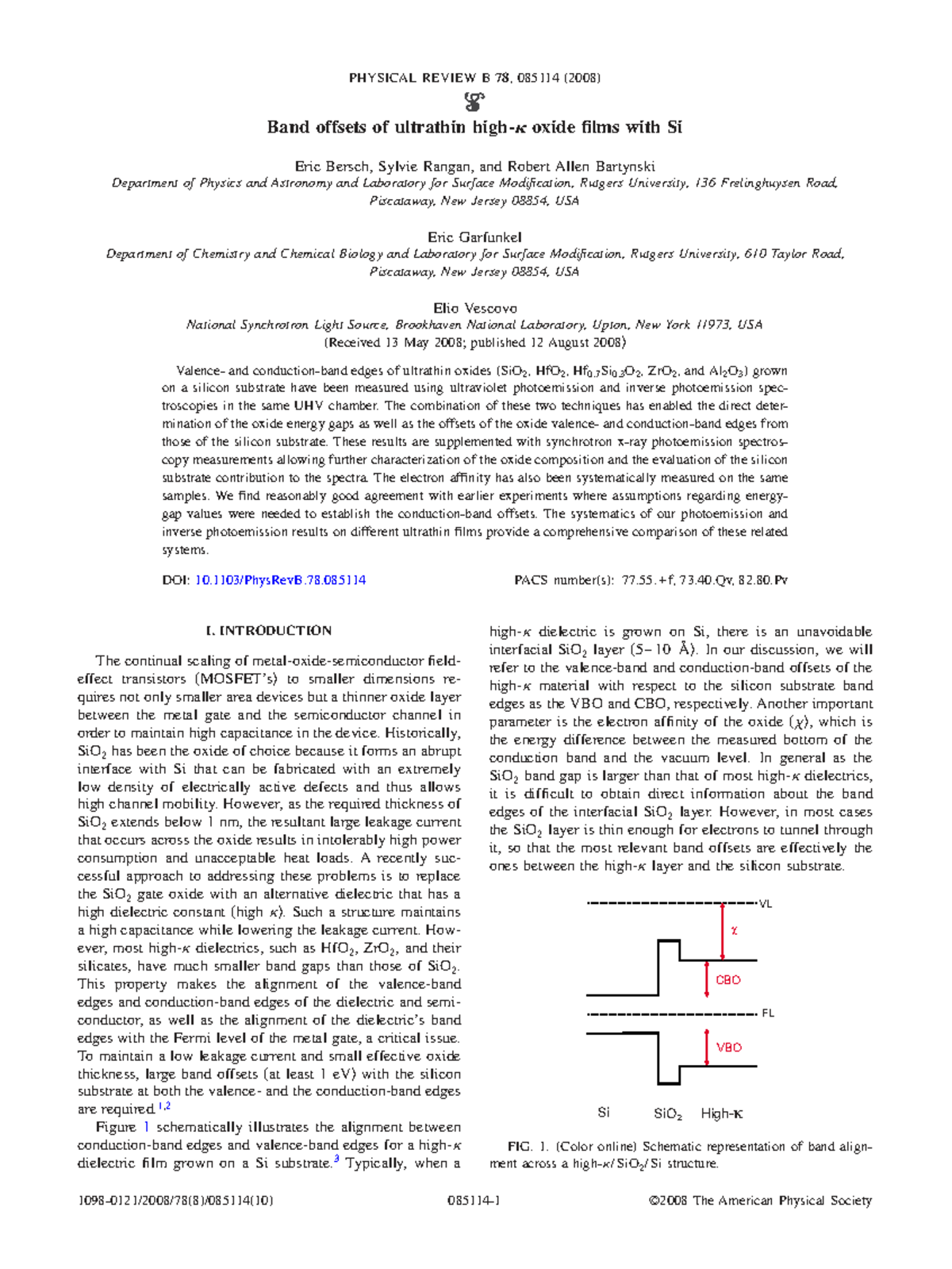 Band Offsets of Ultrathin Oxide Films on Si: PRB 78, 085114 (2008 ...