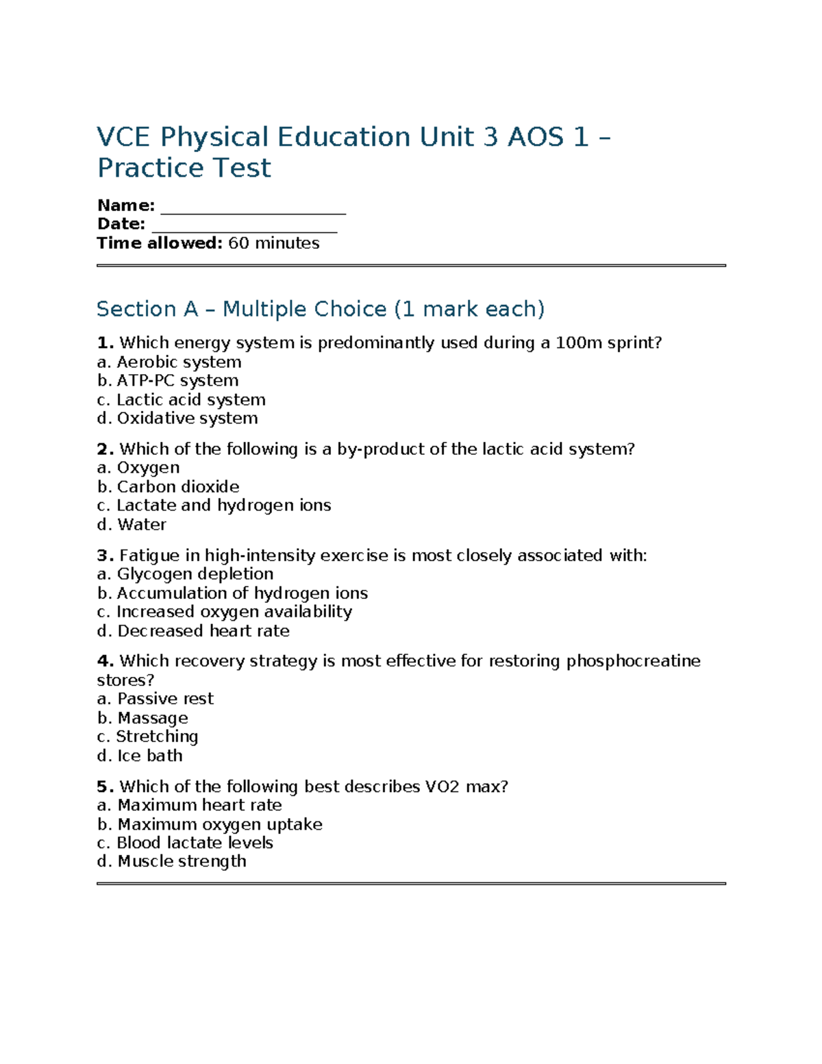 VCE PE Unit 3 AOS 1 Practice Test Questions and Answers - Studocu