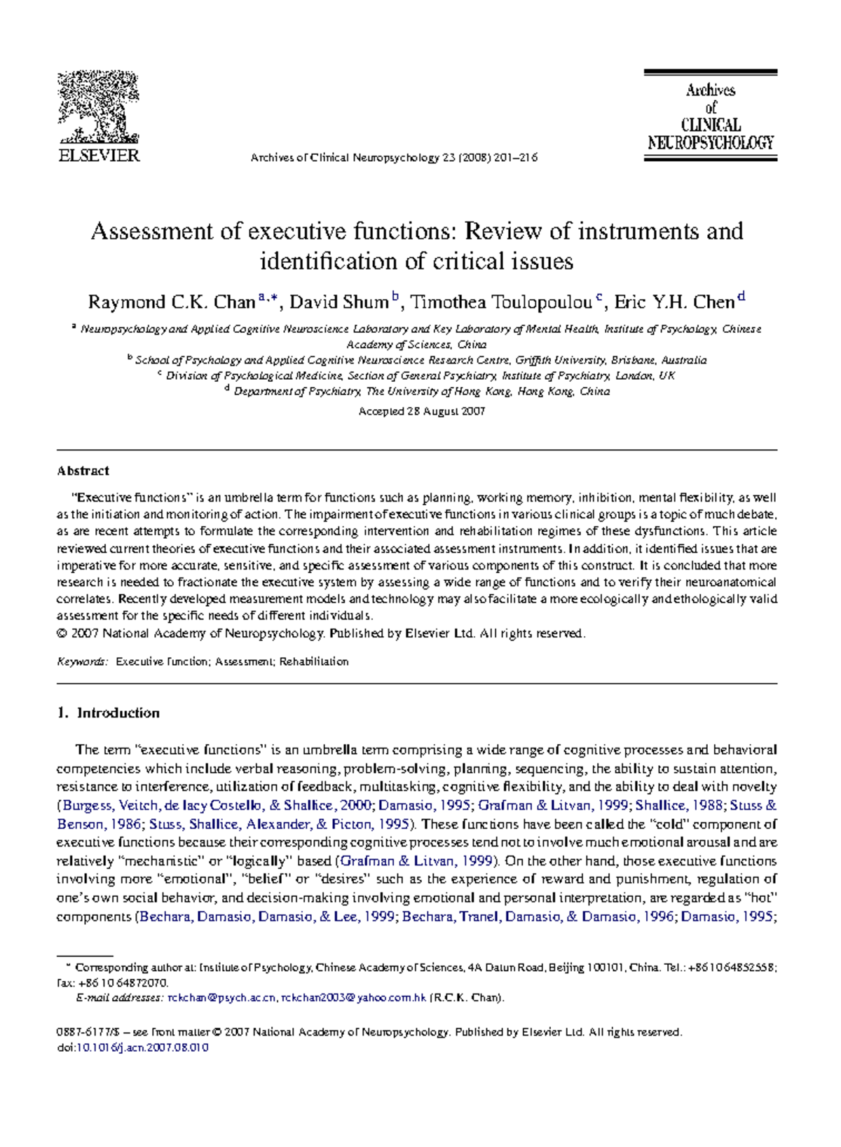Assessment of Executive Functions: Instruments & Issues (CLN 23) - Studocu