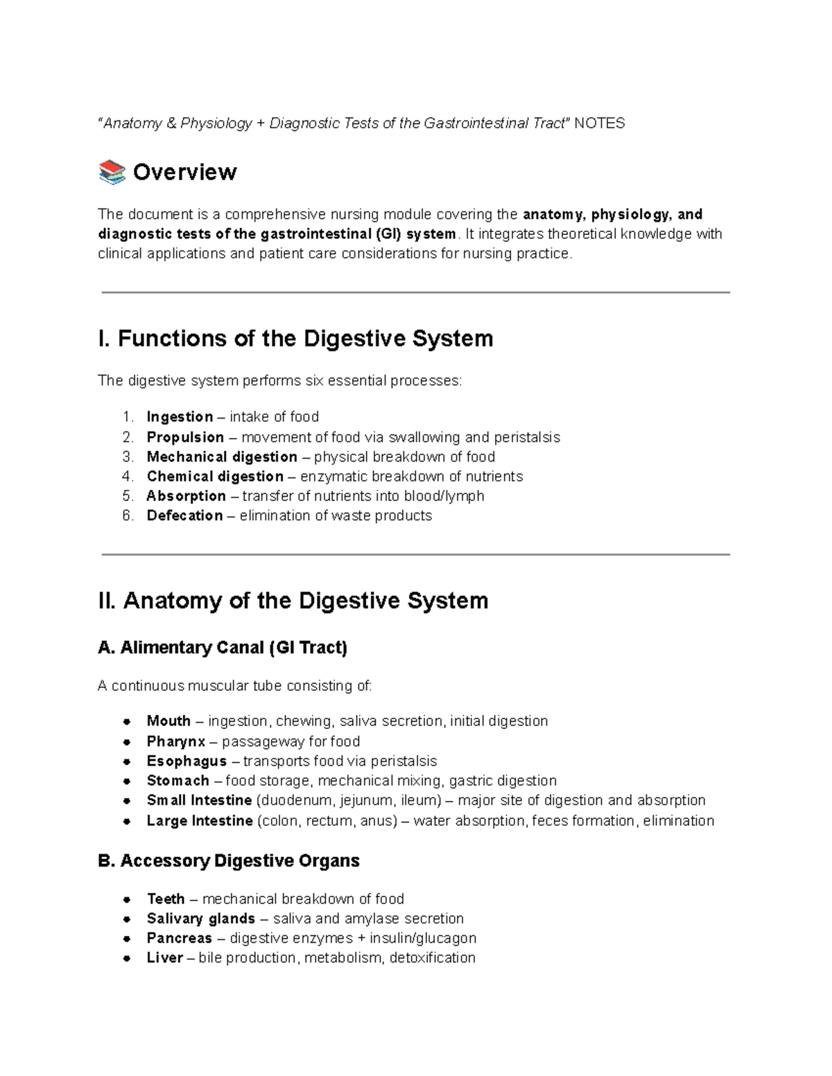 Anatomy & Physiology + Diagnostic Tests of the GI Tract NOTES - Studocu
