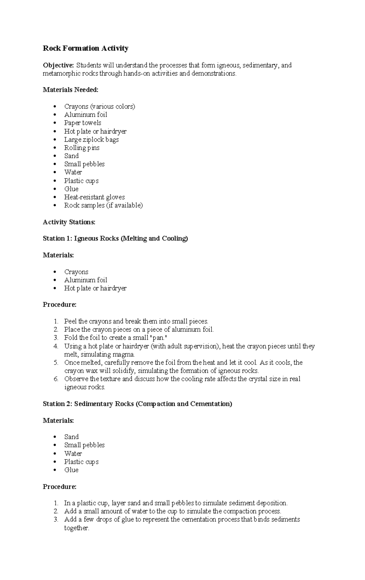 G11 Rock Formation Activity - Rock Formation Activity Objective ...