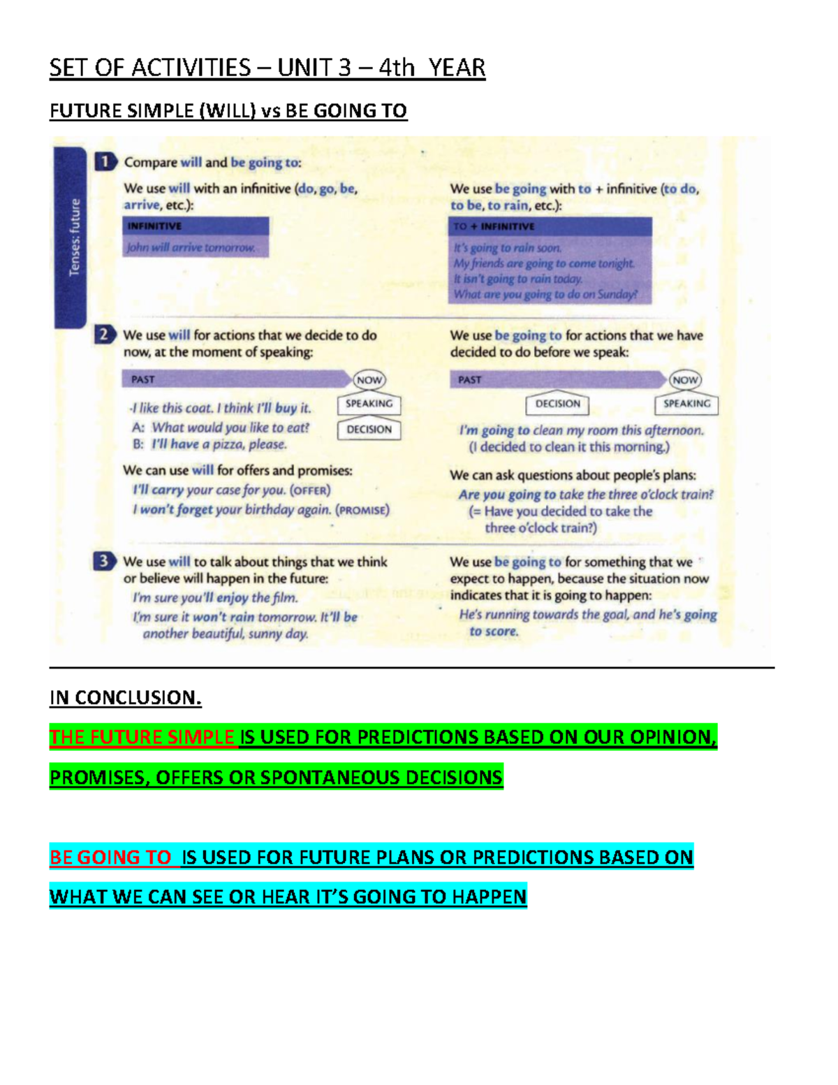 English Booklet - UNIT 3 - Future Simple vs Be Going To - 4th YEAR ...