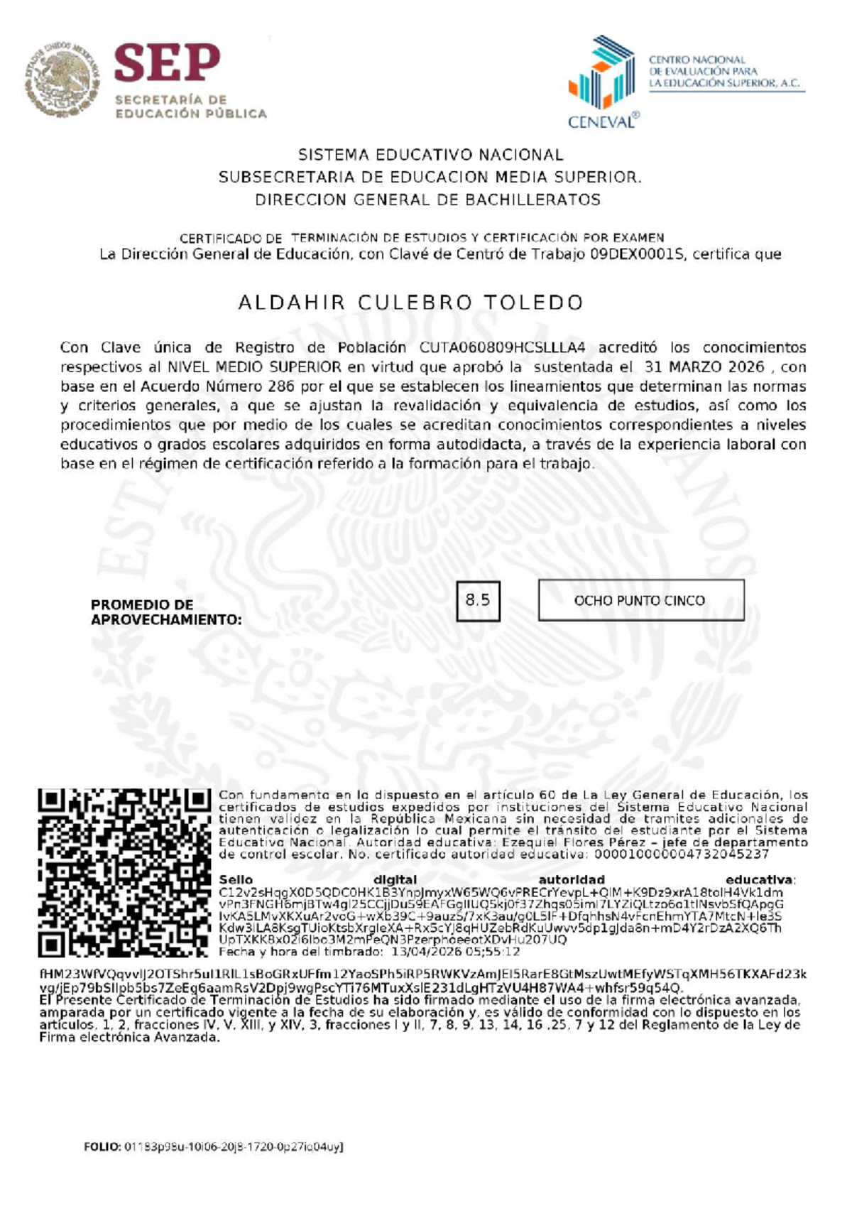 Certificado de Terminación de Estudios - Aldahir Culebro Toledo - Studocu