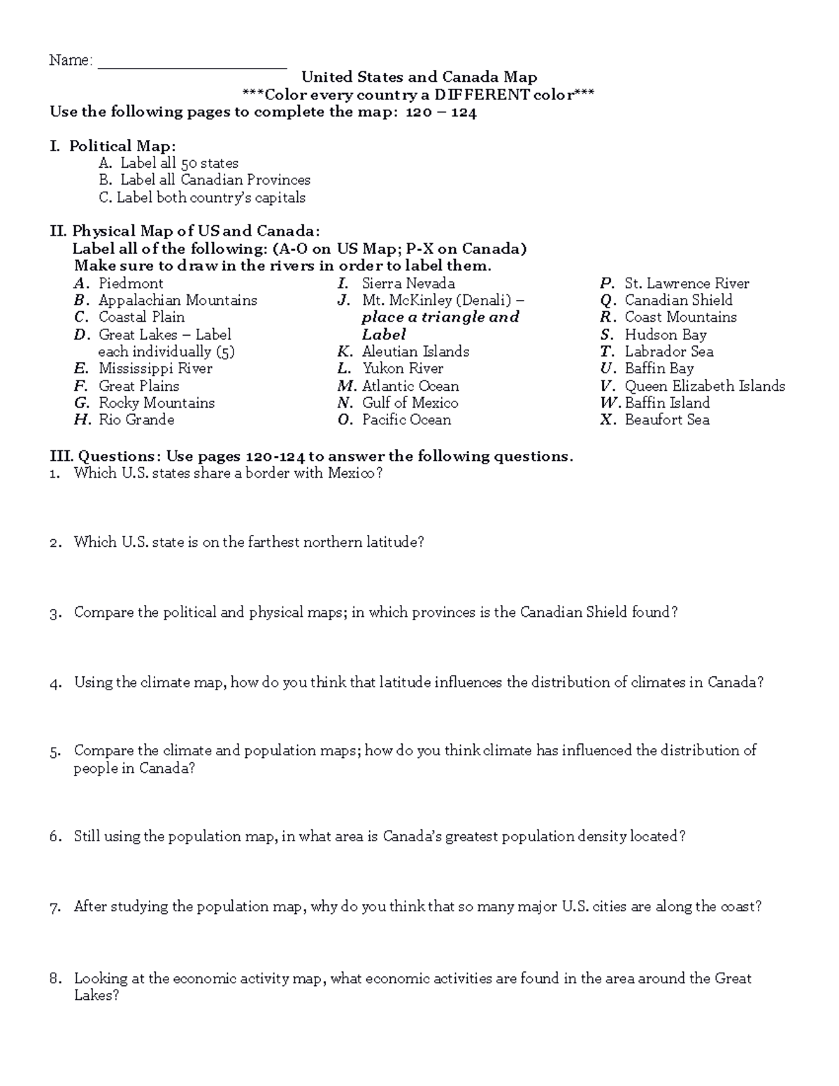 US & Canada Map Activities - Geography Study Guide - Studocu