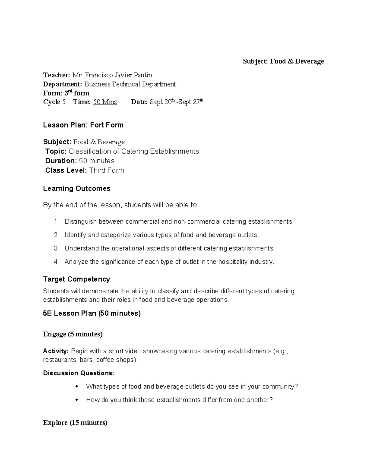 Food & Beverage Lesson Plan: Classification of Catering Establishments ...