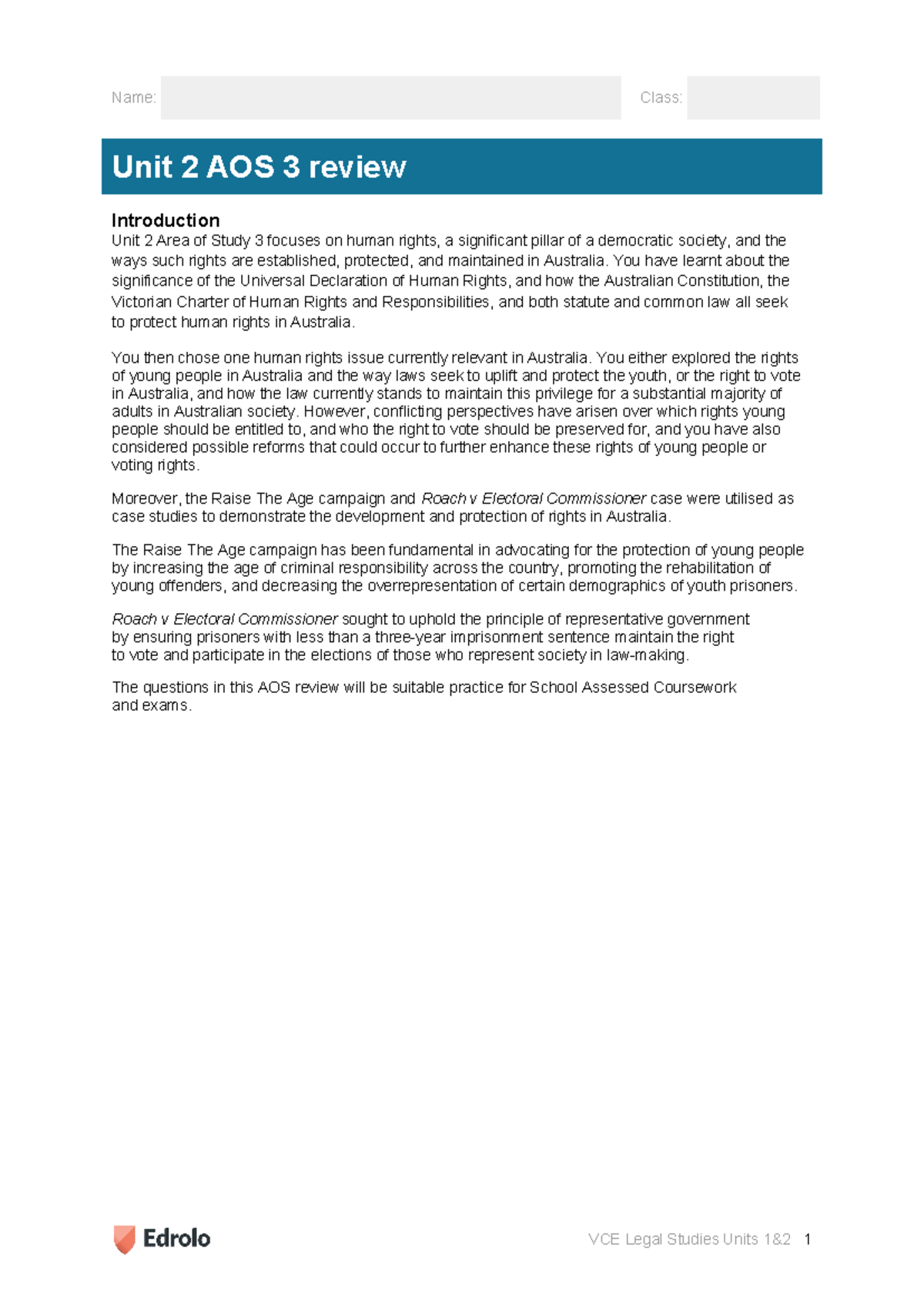 VCE Legal Studies Unit 2 AOS 3 review - Edrolo - Name: Class: Unit 2 ...