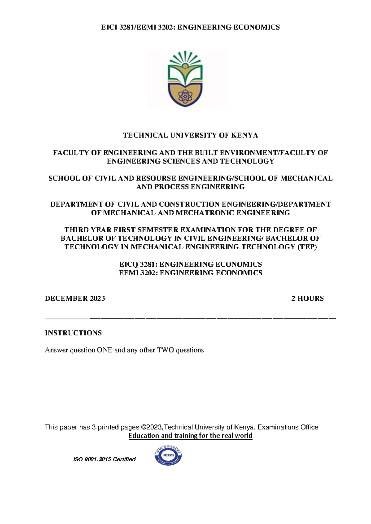 EICI 3202: Engineering Economics Final Exam December 2023 - Studocu