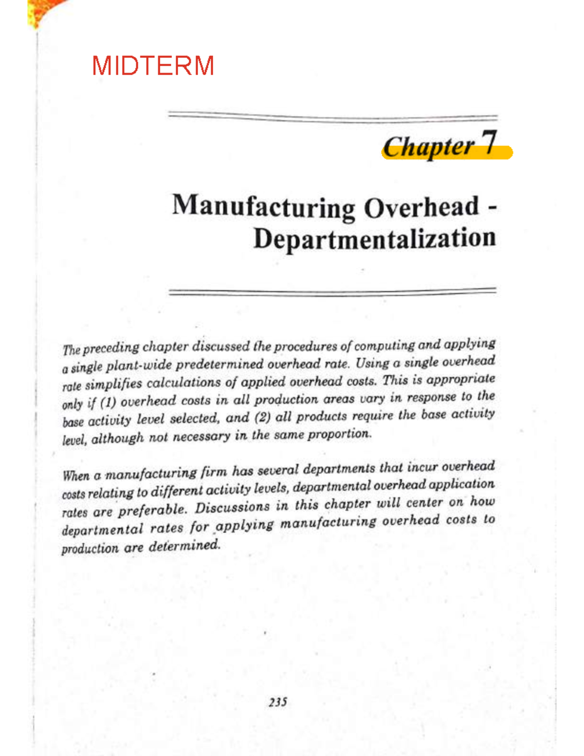 MIDTERM Chapter 7: Manufacturing Overhead Departmentalization Insights ...