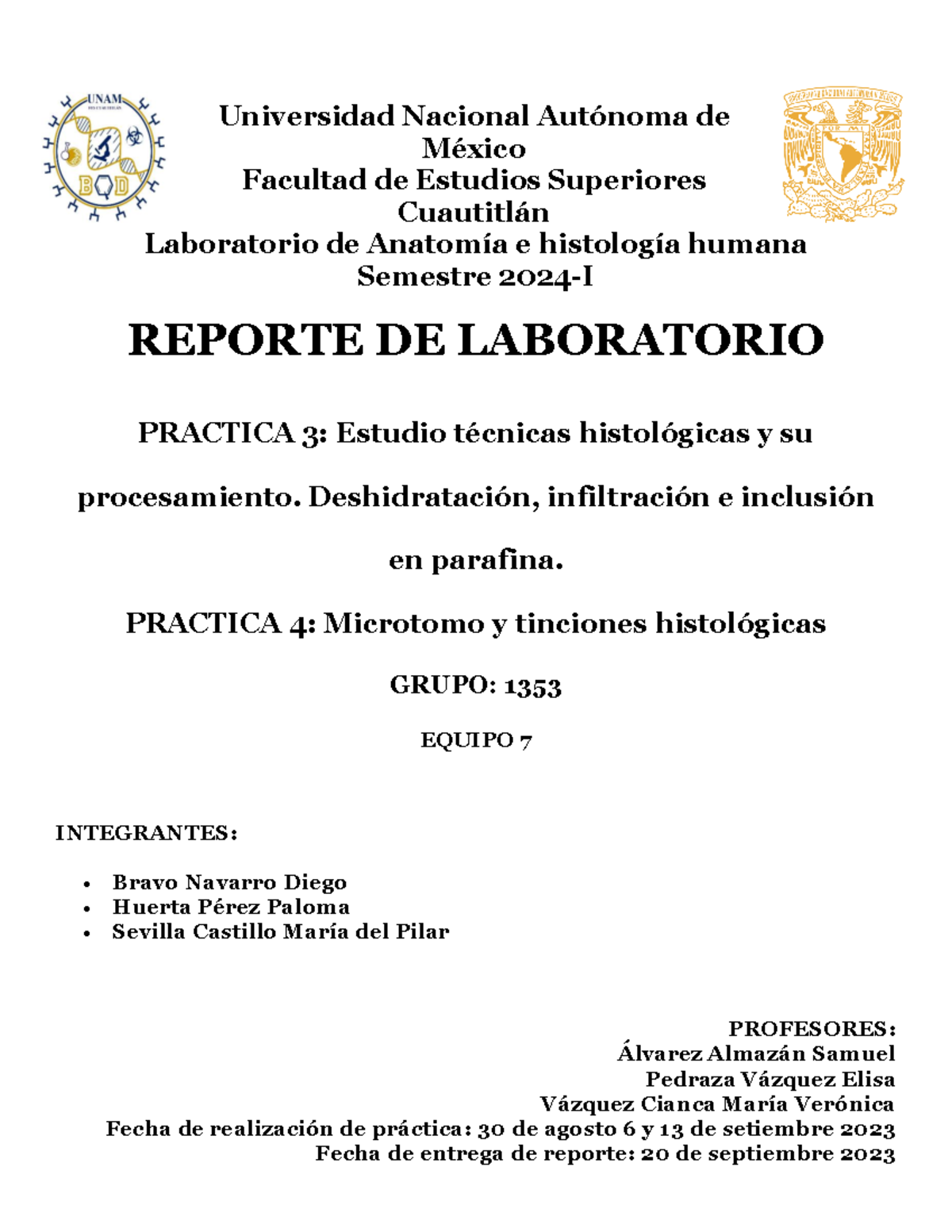 AHH 3 y 4 - reporte de practica de laboratorio de Anatomía e Histología Humana - Universidad ...