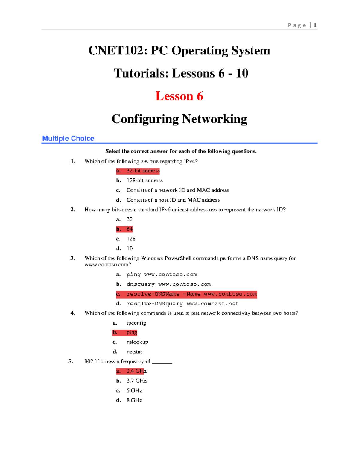 CNET102 Tutorials 2 Lessons 6 - 10 with answer - CNET102: PC Operating ...