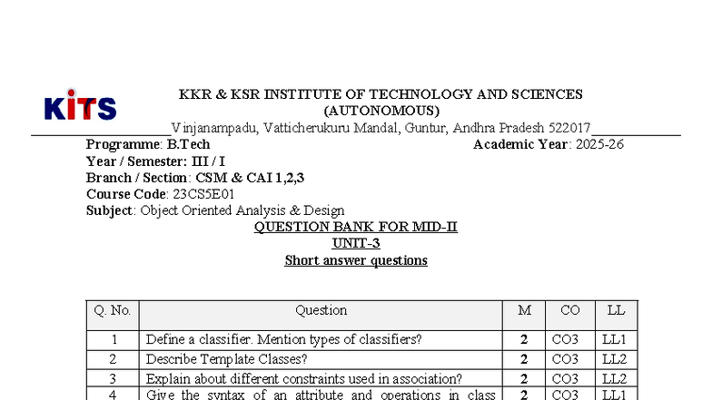R23 OOAD Midterm Question Bank - Object Oriented Analysis Design - Studocu