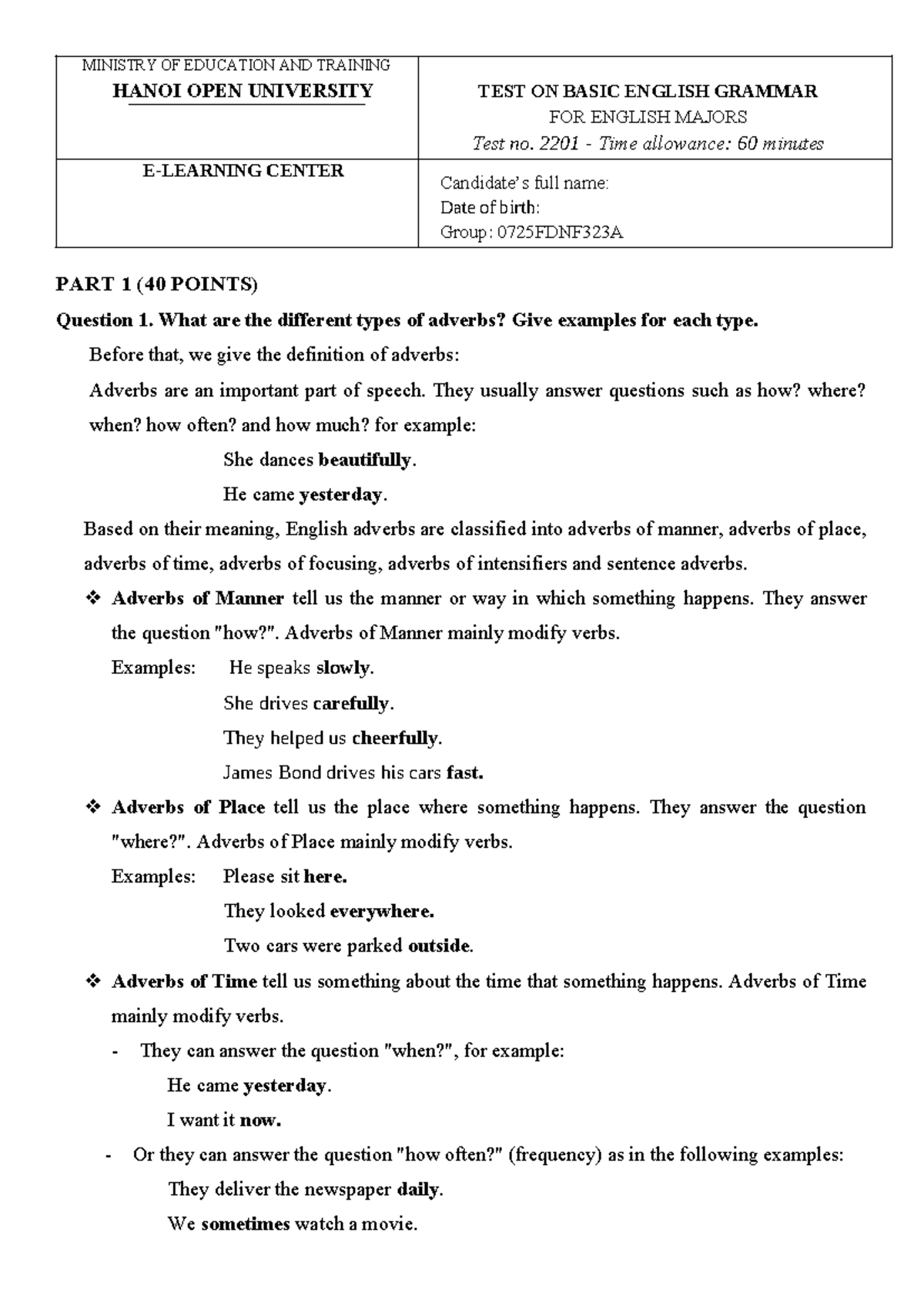EN62.085 - NO 1 - BASIC ENGLISH GRAMMAR TEST FOR MAJORS - Studocu