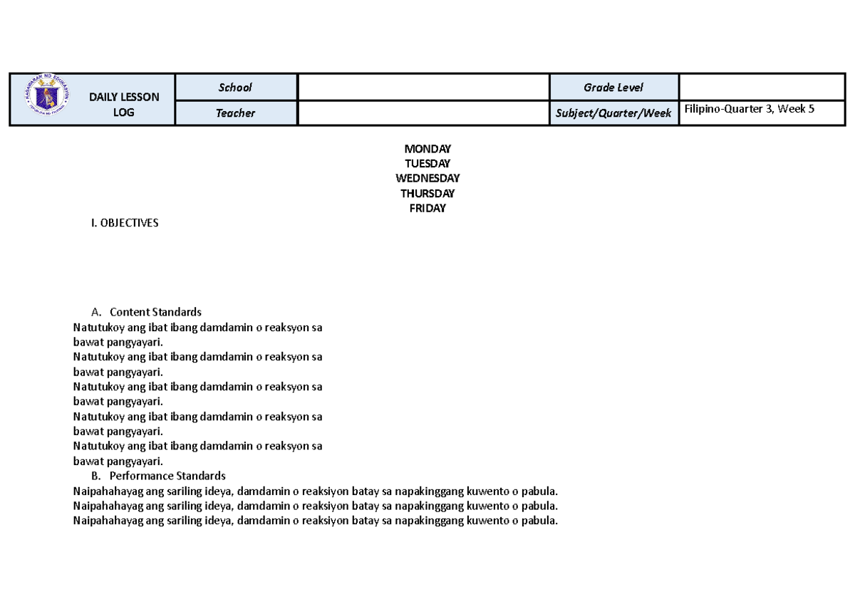 DLL Filipino Q3W5 - dll - DAILY LESSON LOG School Grade Level Teacher ...