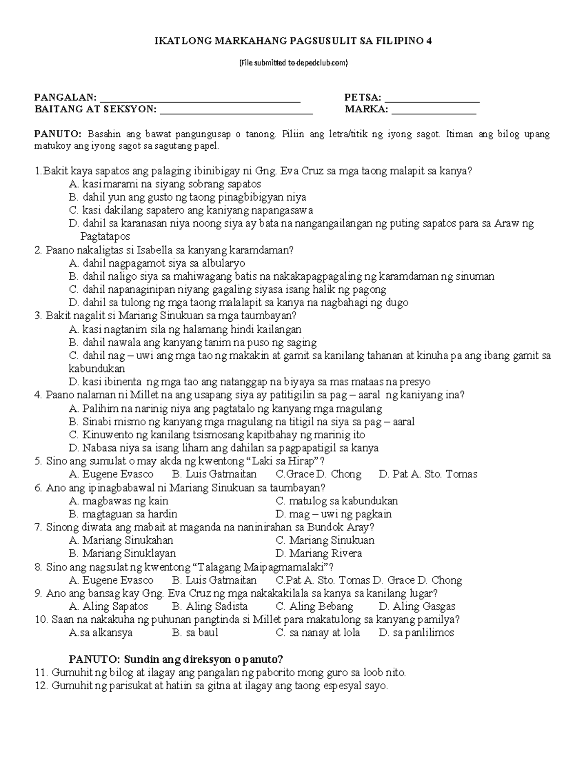 Filipino 4 Ikatlong Markahan: Pagsusulit at Sagot sa Test - Studocu