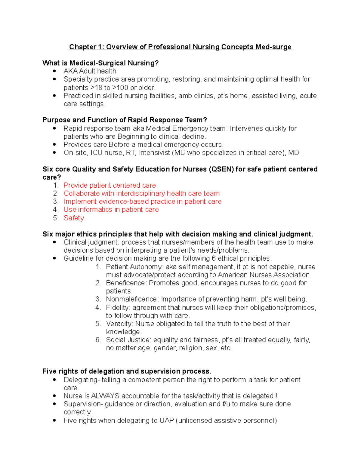 Chapter 1 Notes - Overview of Med-Surg Nursing Concepts (MSN 101) - Studocu