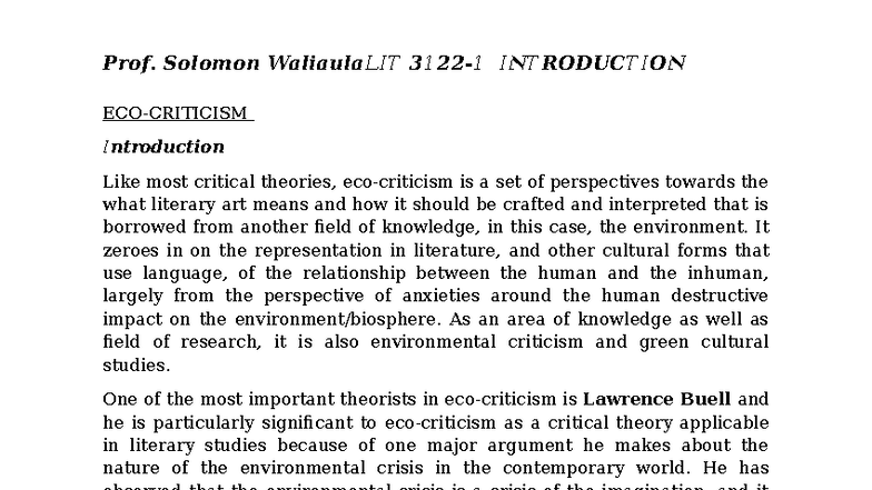 LIT 3122-1: Introduction to Environmental Literary Criticism - Studocu
