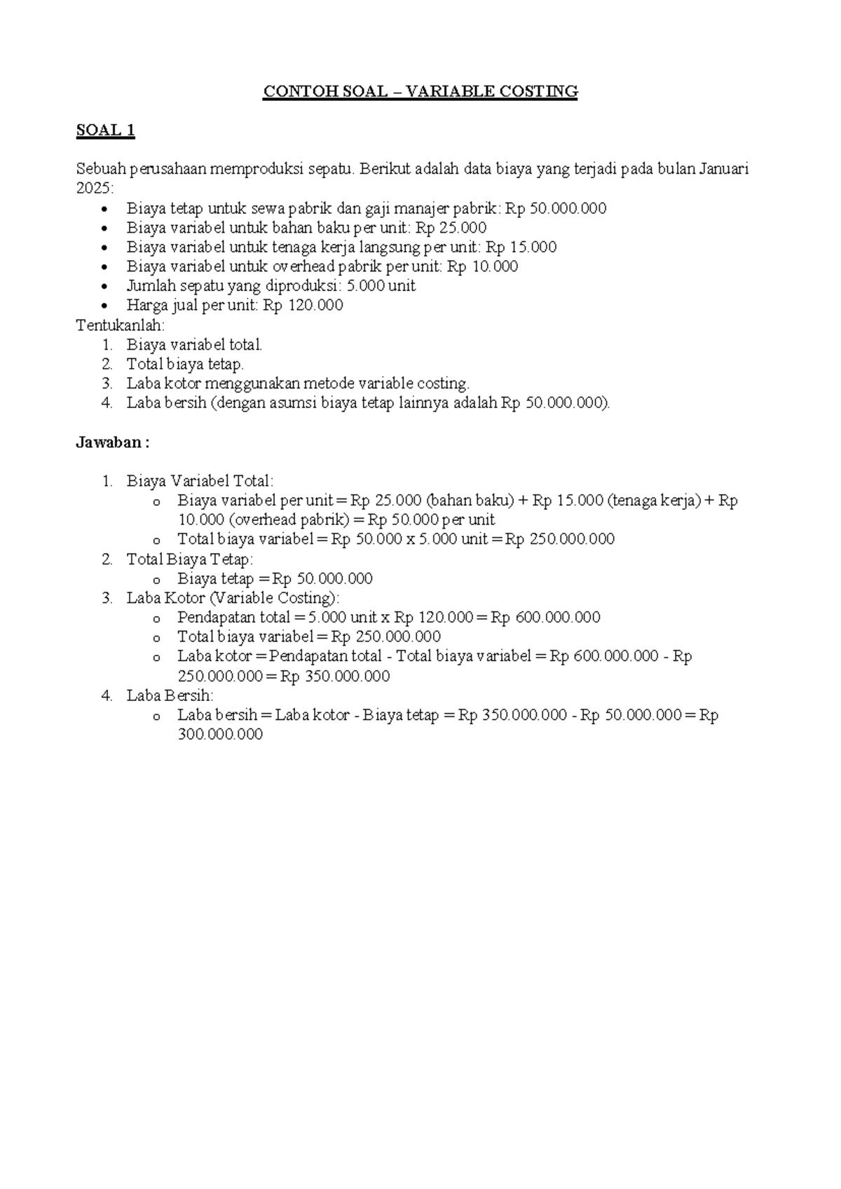 Contoh Soal dan Pembahasan Variable Costing (07.2) - Studocu