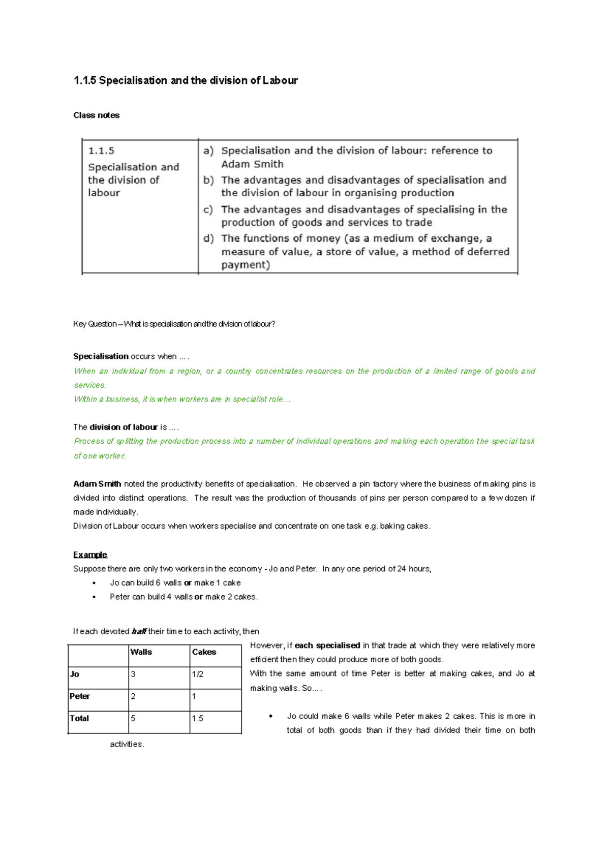 1.1.5 Specialisation & Division of Labour Class Notes - Studocu
