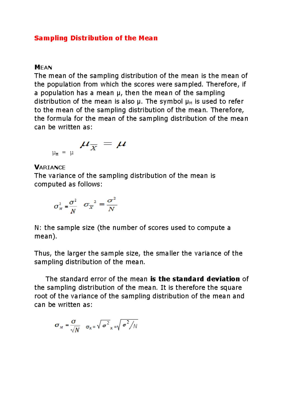 Sampling Distribution of the Mean: Notes on Variance & Theorems - Studocu