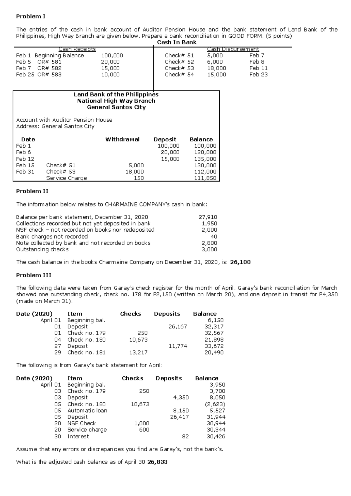 112.BR Practice Material: Bank Reconciliation Problems & Solutions ...