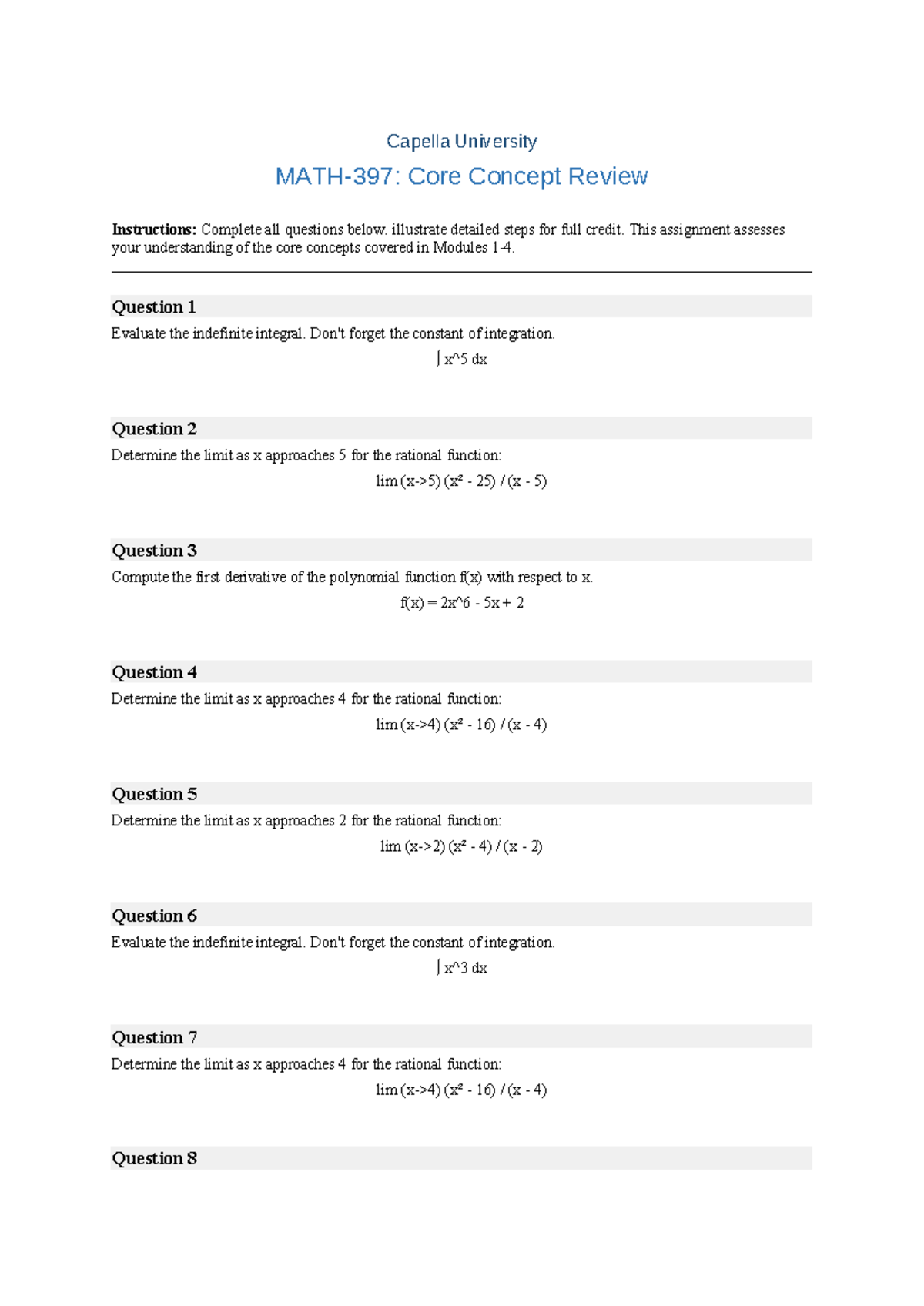 Calculus Core Concept Review 54340694: Indefinite Integrals & Limits ...