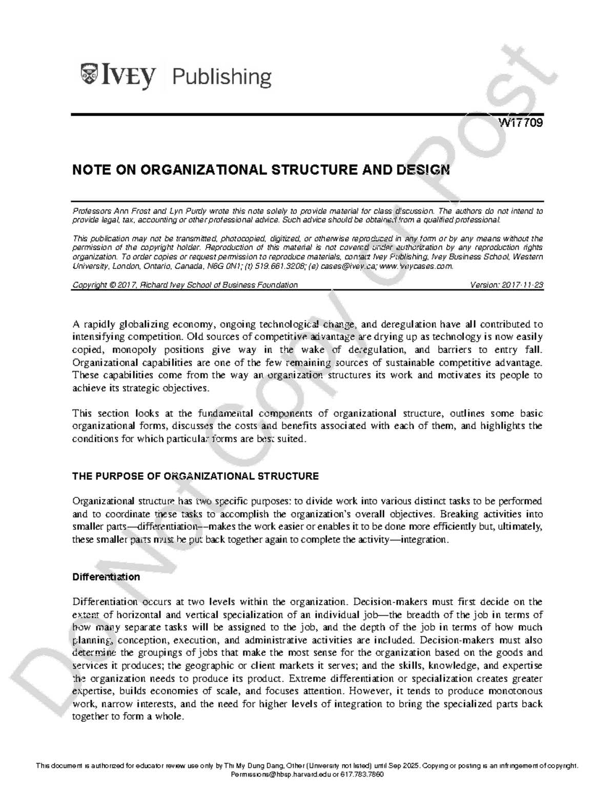 W17709 NOTE ON ORGANIZATIONAL STRUCTURE AND DESIGN - Studocu