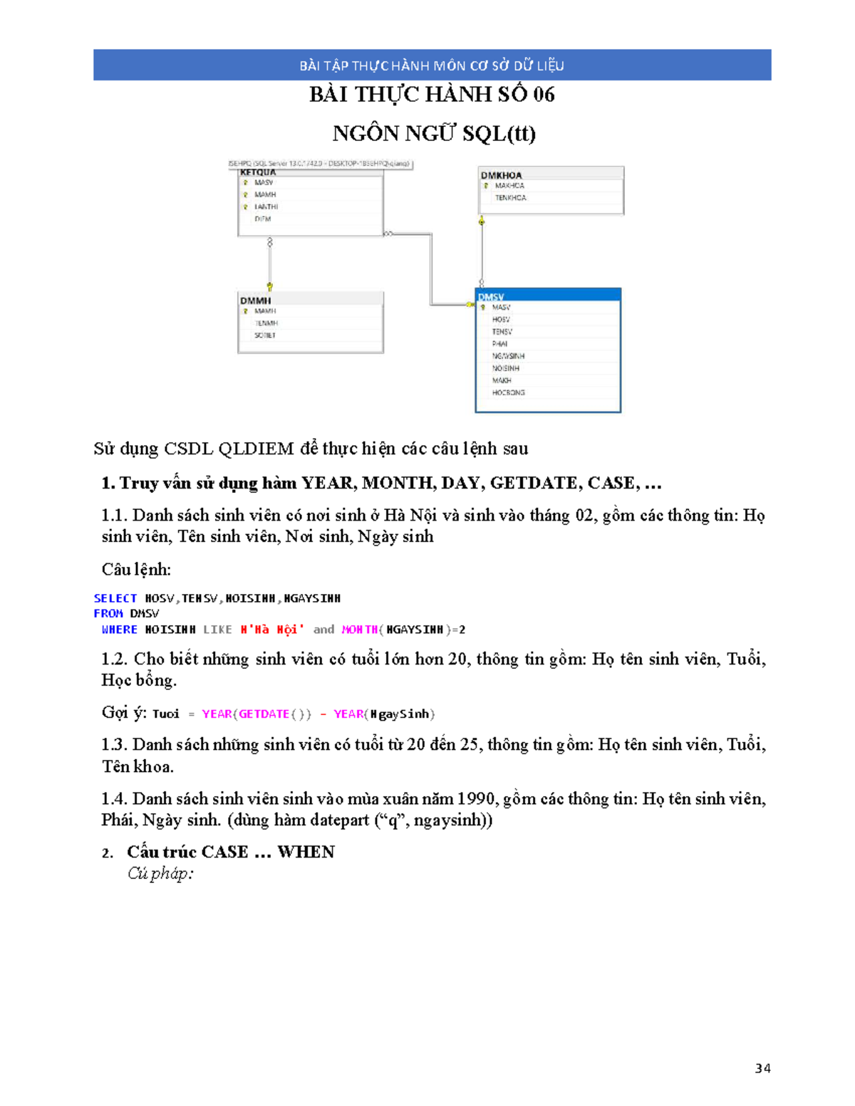 BÀI THỰC HÀNH MÔN CƠ SỞ DỮ LIỆU BÀI THỰC HÀNH SỐ 06 - SQL - Studocu