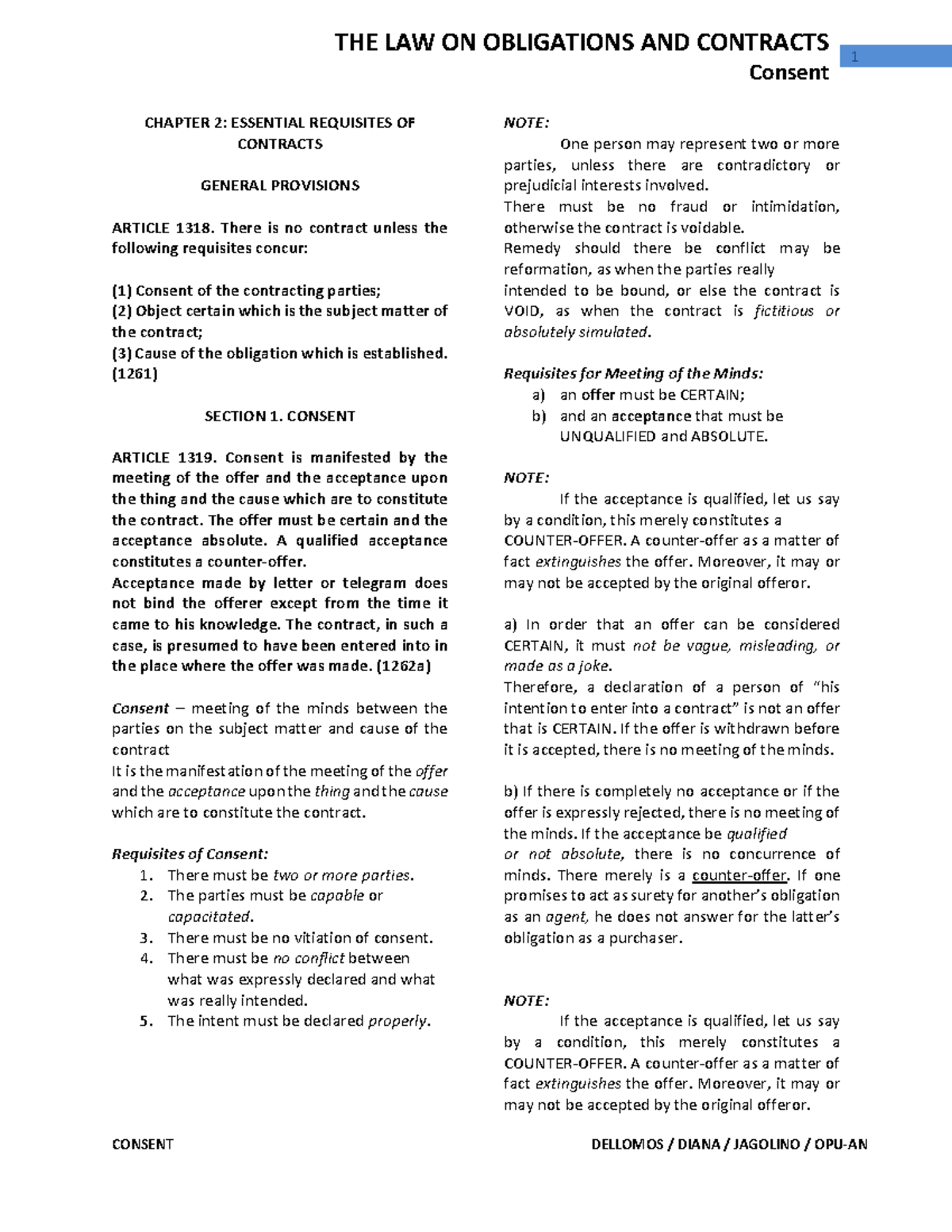 THE LAW ON OBLIGATIONS AND CONTRACTS (Oblico) - Consent Essentials - Studocu