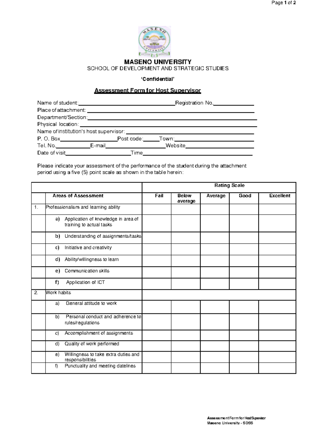 Assessment Form for Host Supervisor - MASENO UNIVERSITY SDSS - Studocu