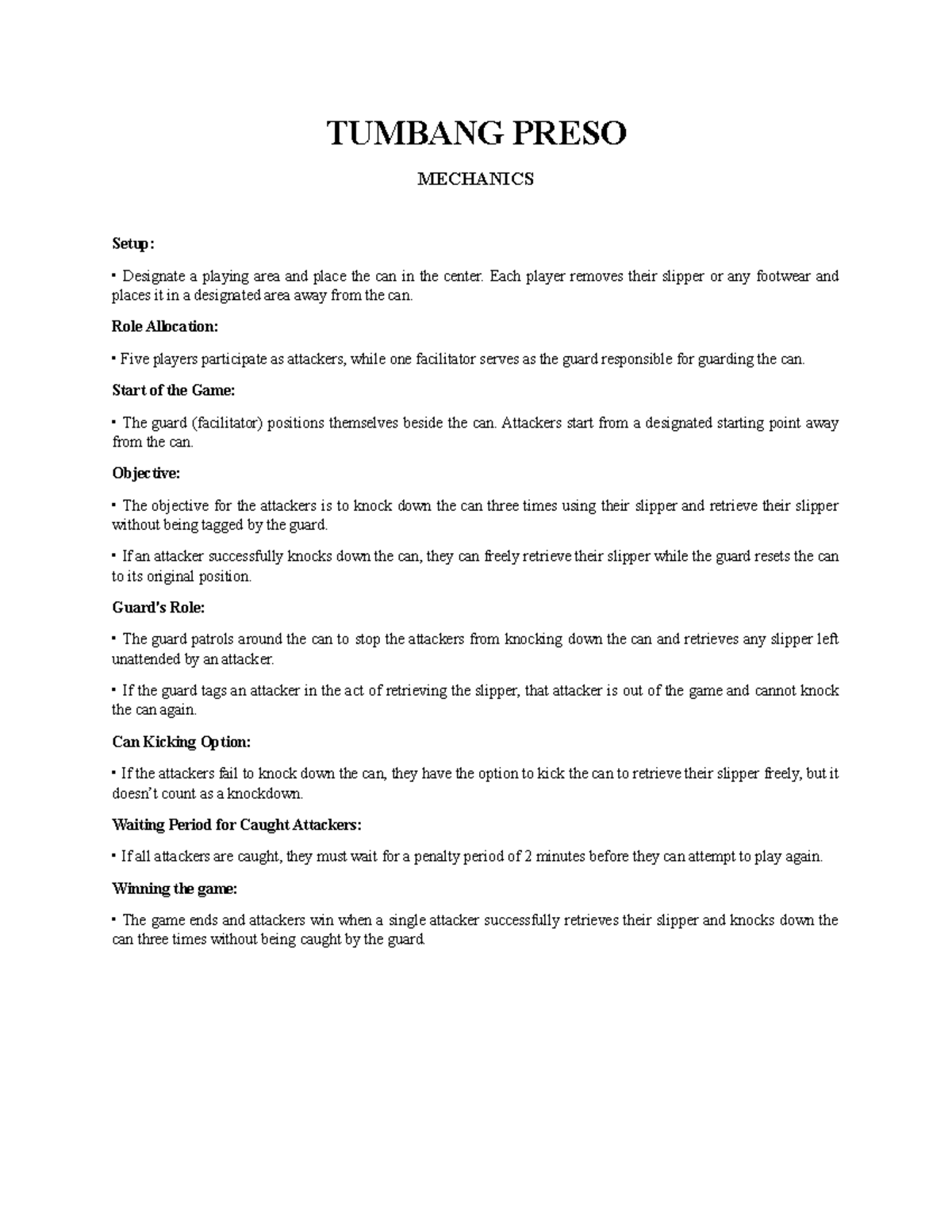 Tumbang Preso: Mechanics and Gameplay Overview - Studocu