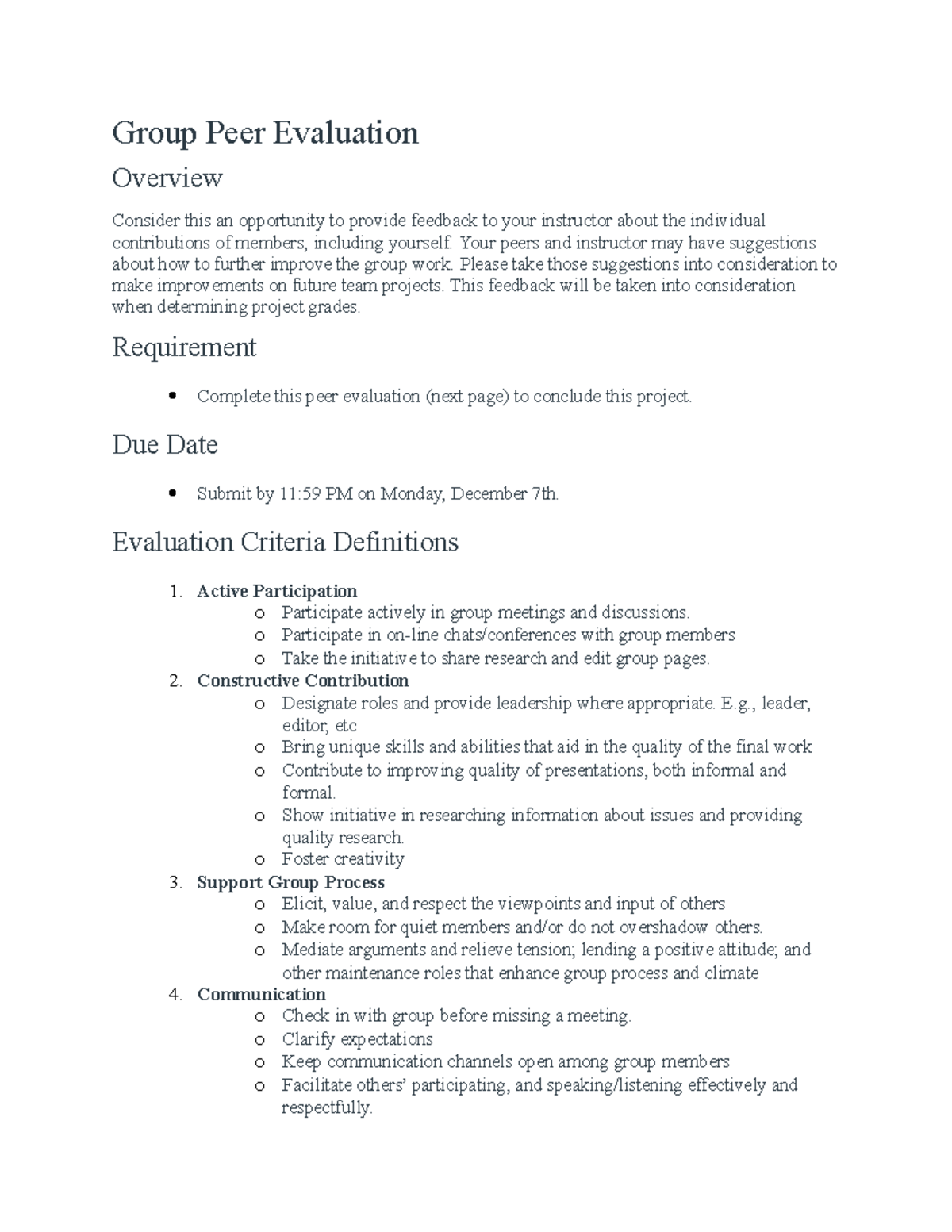 Capstone Project Peer Evaluation - Group Peer Evaluation Overview ...