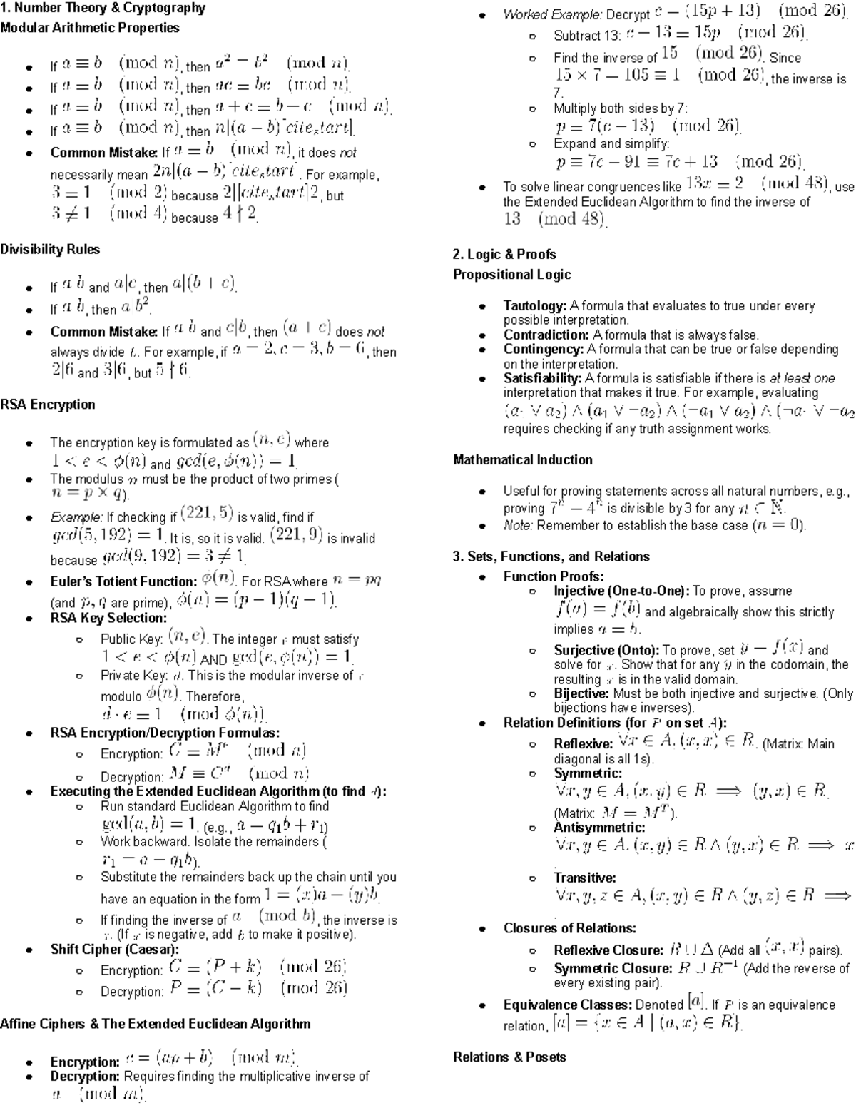 Final Exam Cheat Sheet: Number Theory & Cryptography (MATH 101) - Studocu