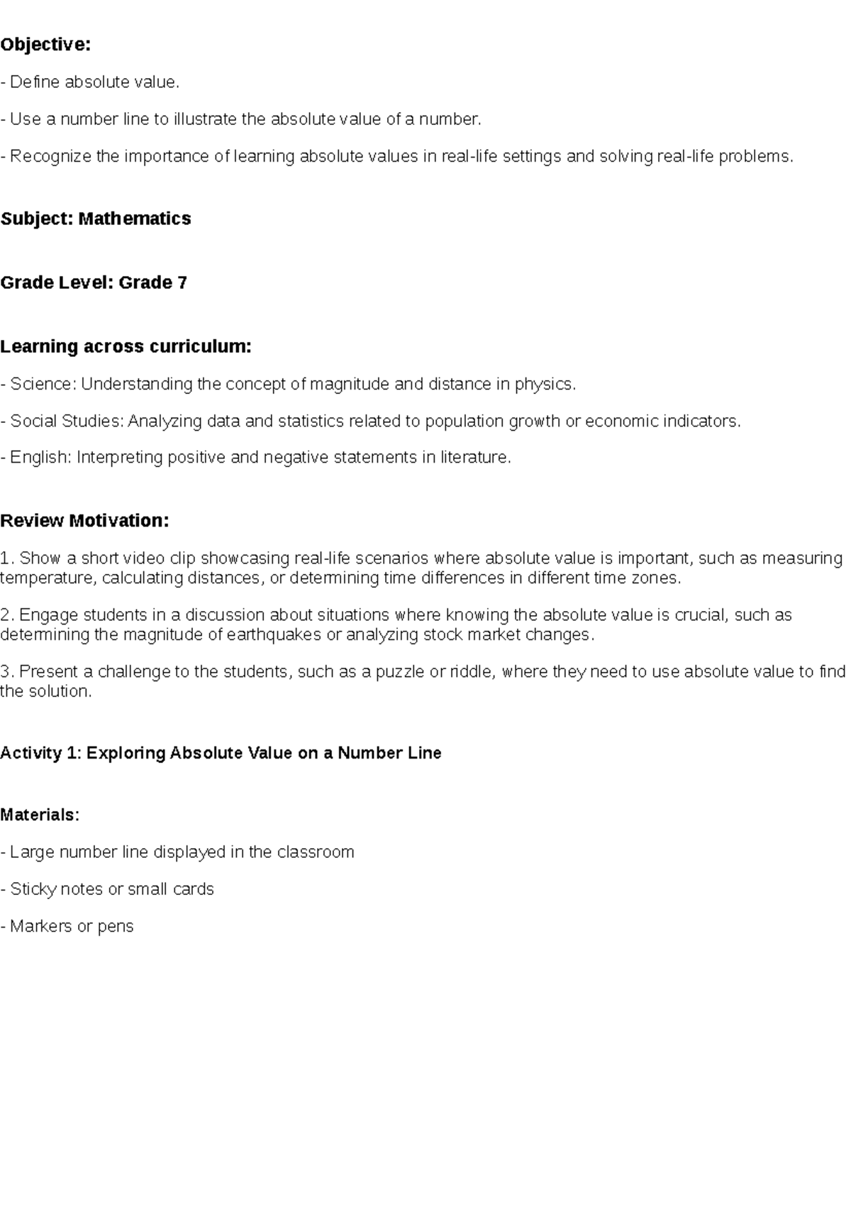 Lesson plan - Objective: - Define absolute value. - Use a number line ...
