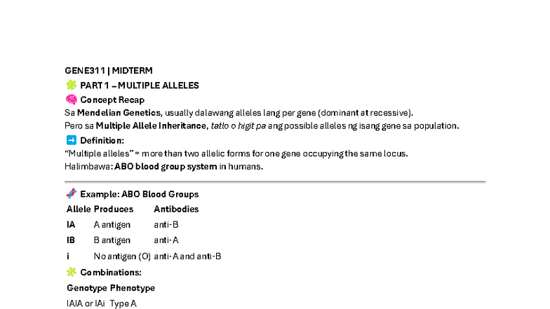 GENE311 MIDTERM REVIEW: MULTIPLE ALLELES & POLYGENIC INHERITANCE - Studocu